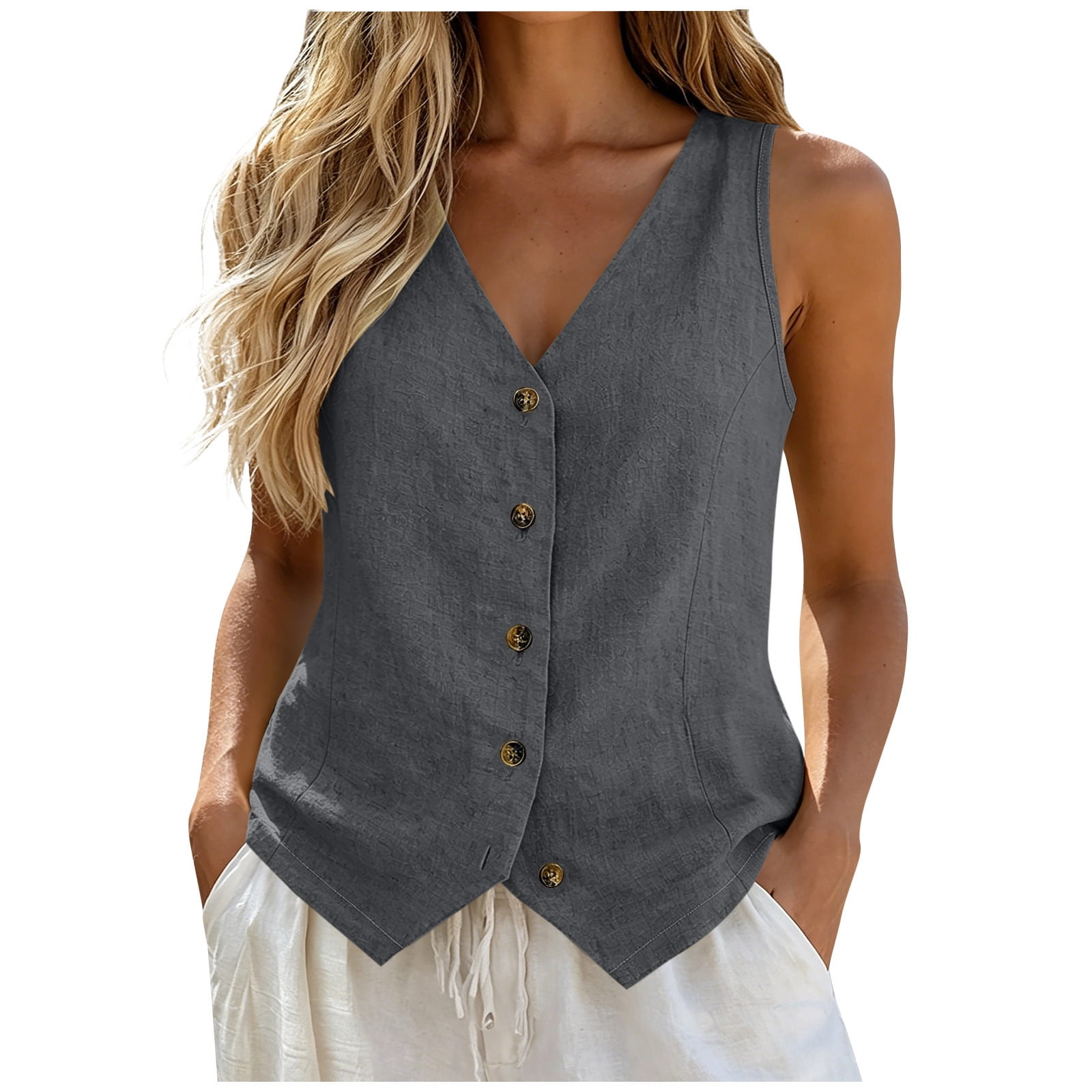 Annhoo Vest Tops for Women Trendy Button down Deep V Neck Sleeveless ...