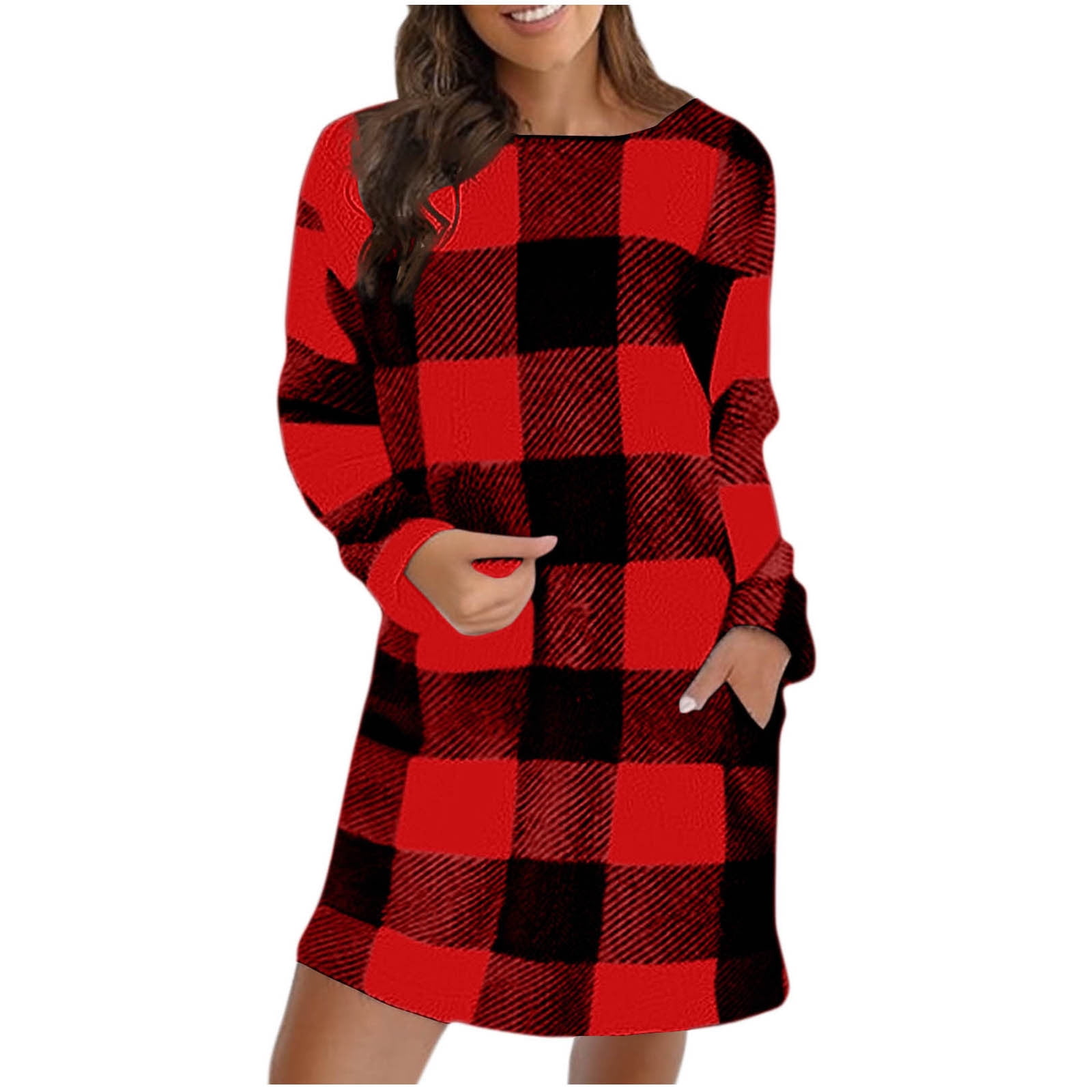 Annhoo Winter Fuzzy Dresses for Women Casual Long Sleeve Crewneck Shirt ...