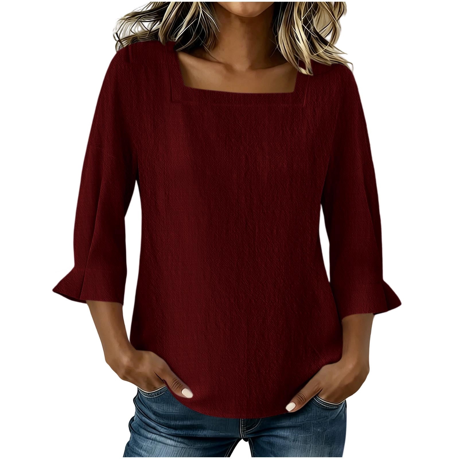 Annhoo Women's 3/4 Sleeve Blouse Dressy Square Neck Loose Tops Fashion ...