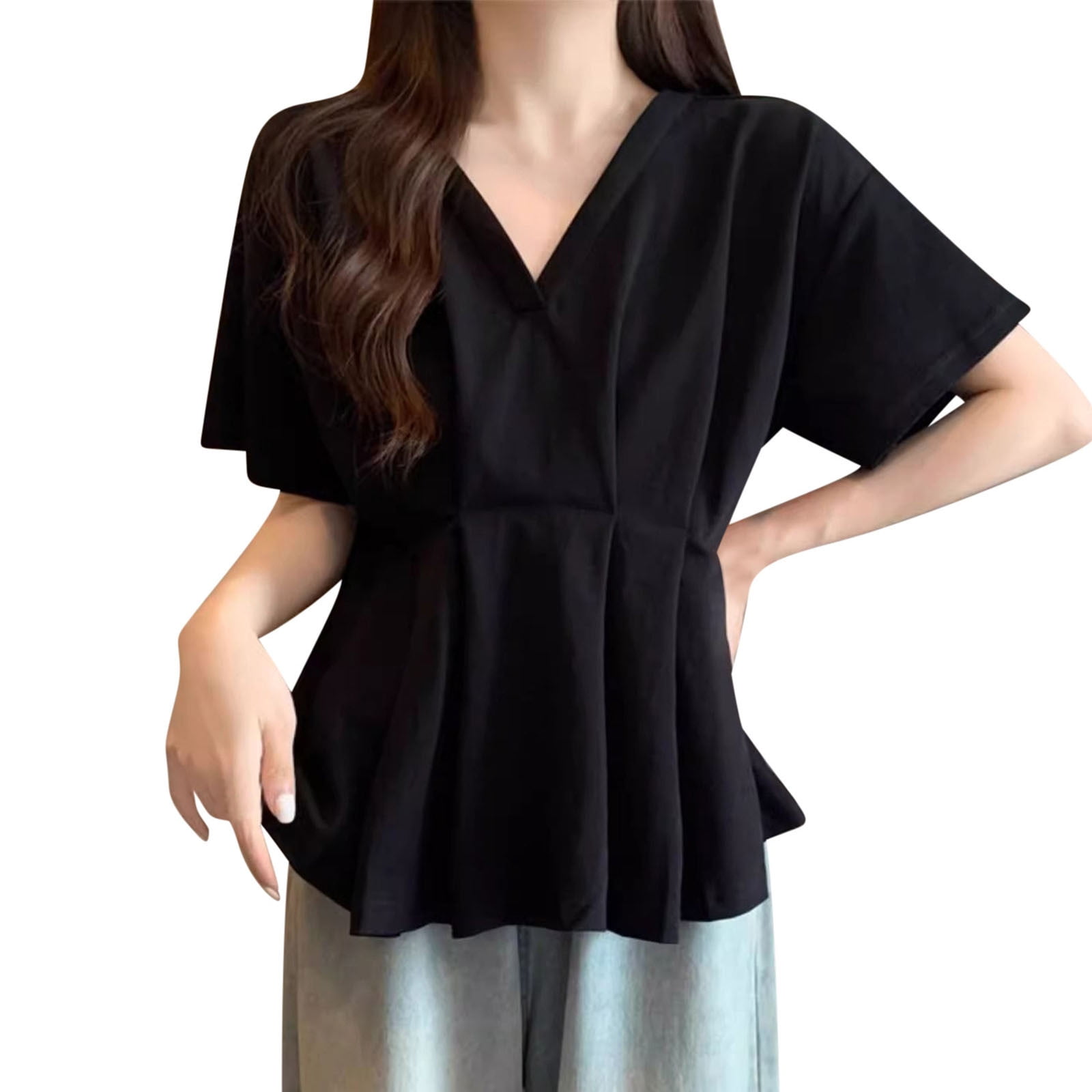 Annhoo Women's Business Casual Blouse Fashion Deep V Neck Short Sleeve ...