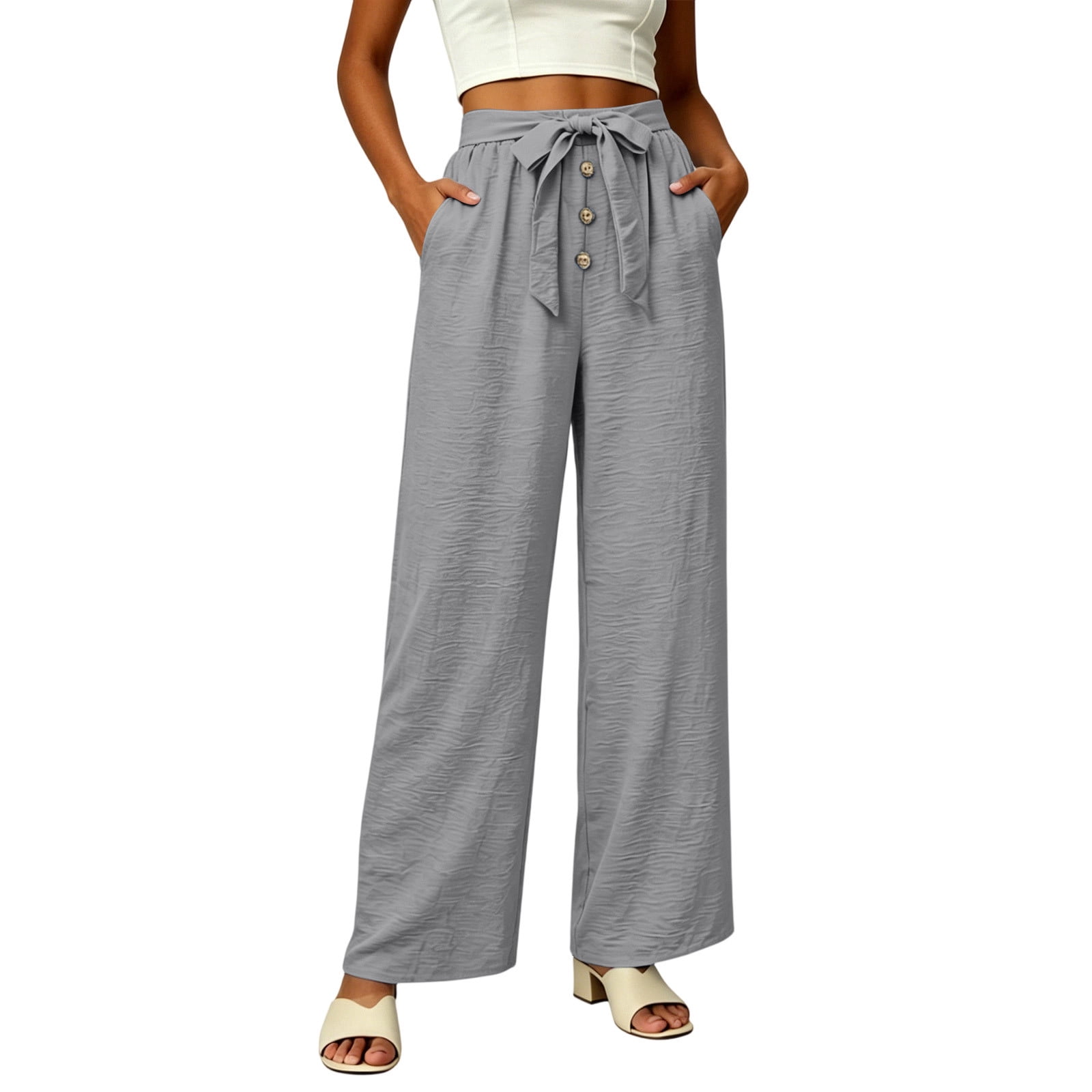 Annhoo Women's Button Front Wide Leg Pants Waist Bow Knot Side Pockets ...
