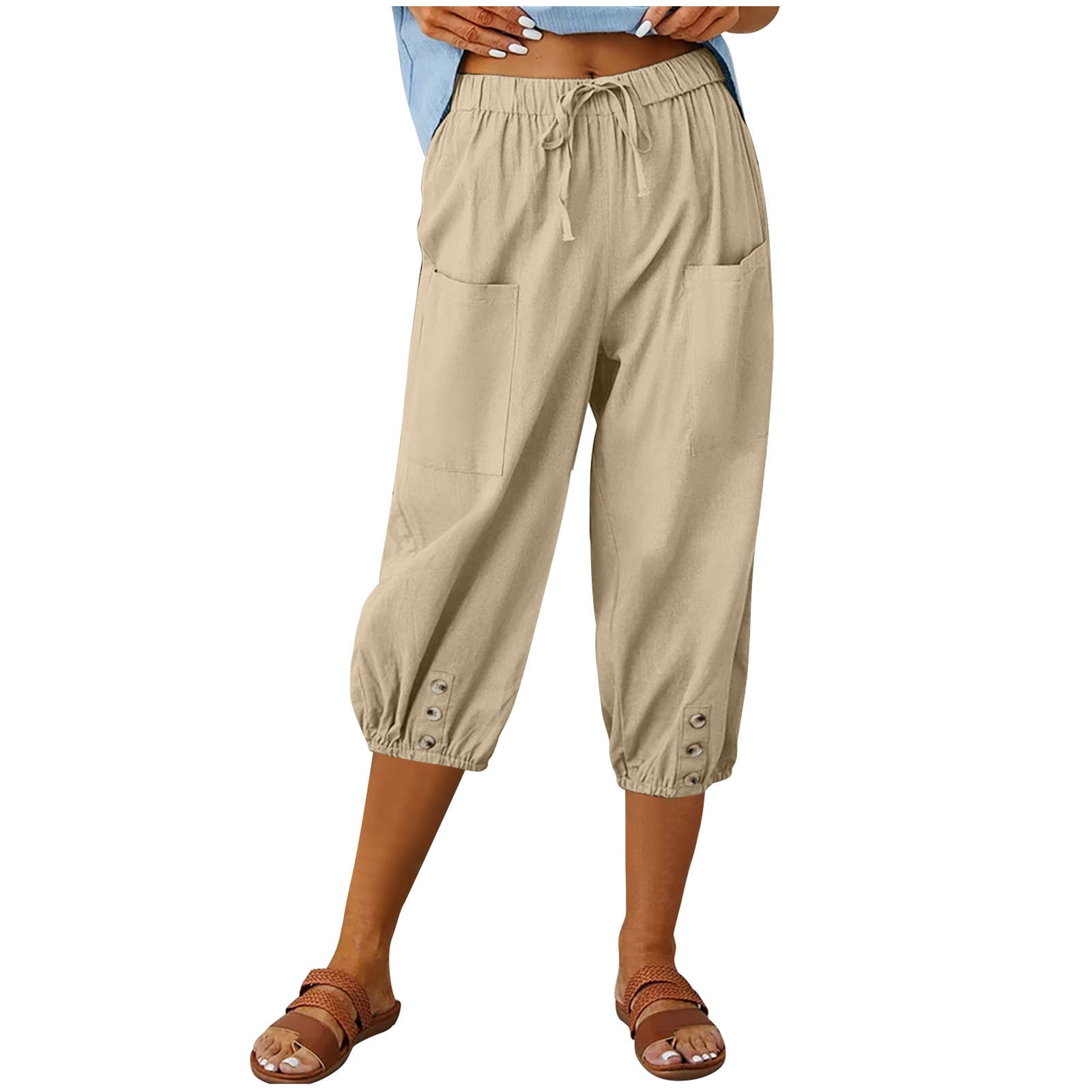 Annhoo Women's Capri Pants Summer High Waist Drawstring Cinch Bottom ...