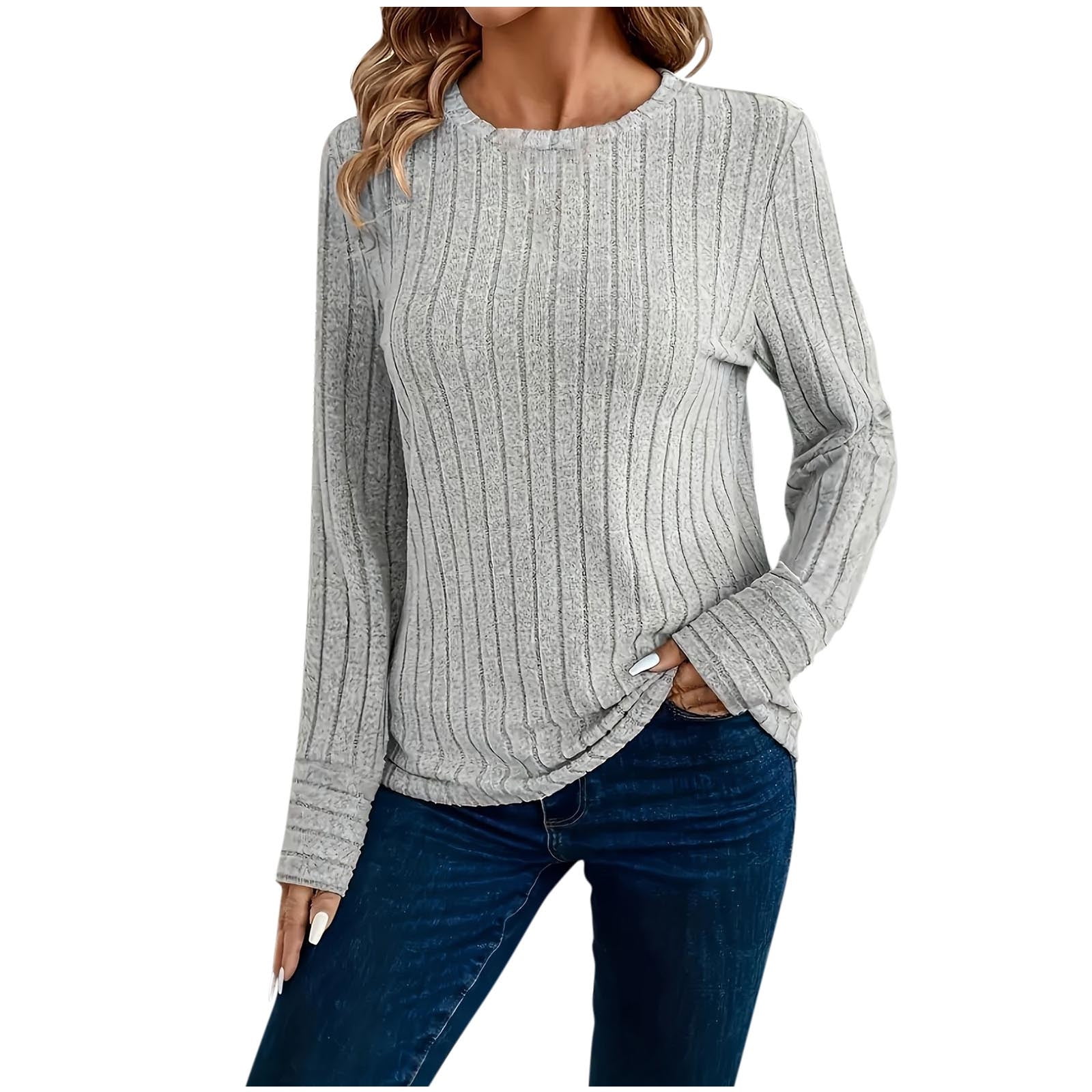 Annhoo Women's Casual Sweater Crew Neck Solid Color Long Sleeve Ribbed ...
