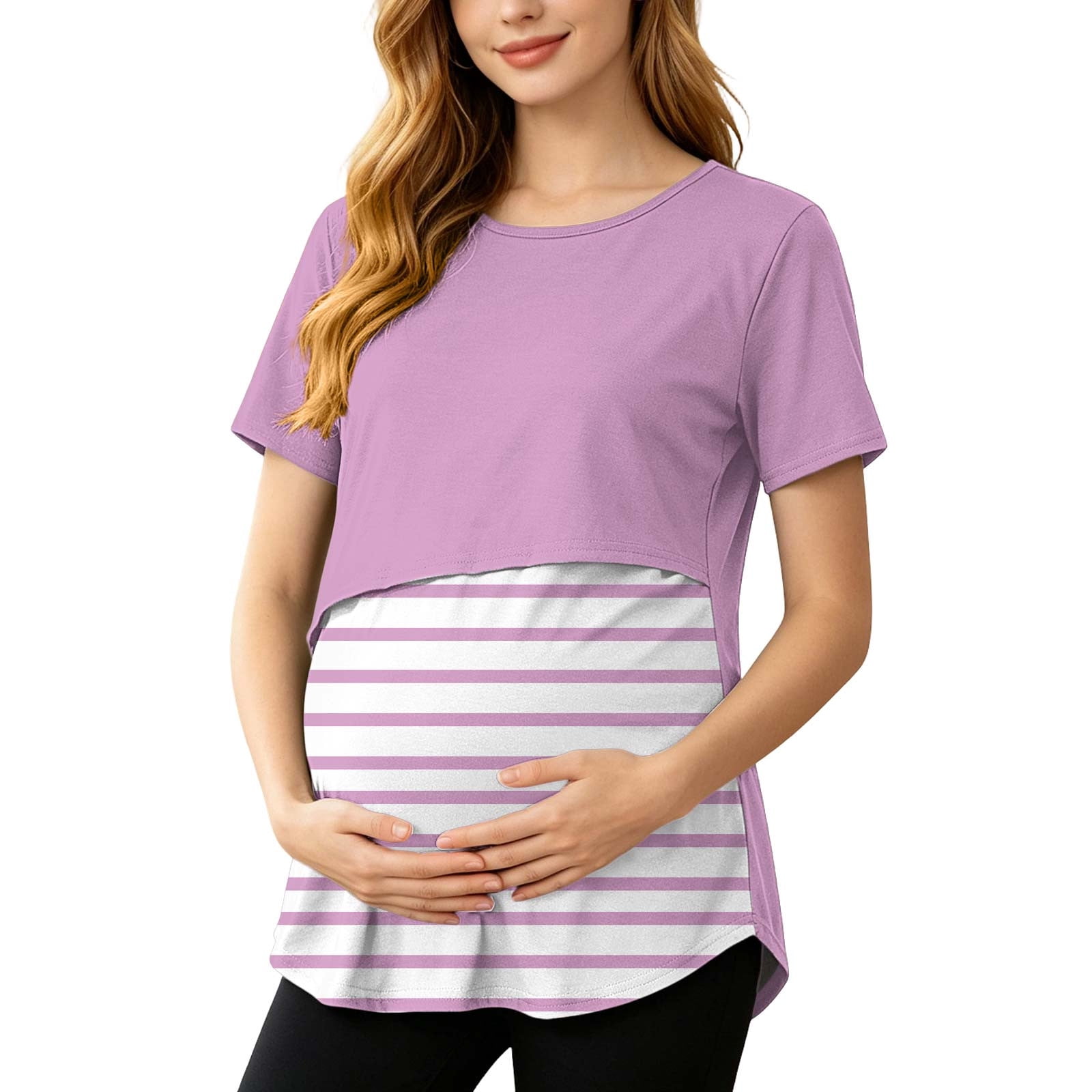 Annhoo Women's Double Layer Nursing Tops Striped Lift-Up Short Sleeve ...