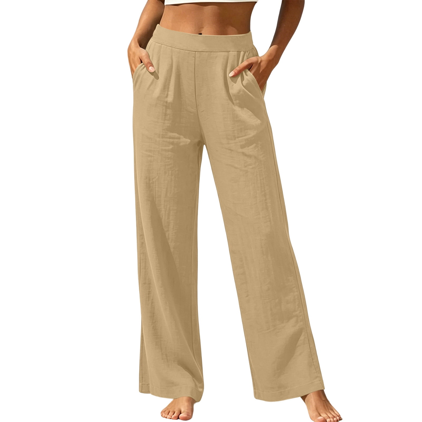 Annhoo Women's Linen Straight Leg Pants Solid Color Elastic Pull on ...