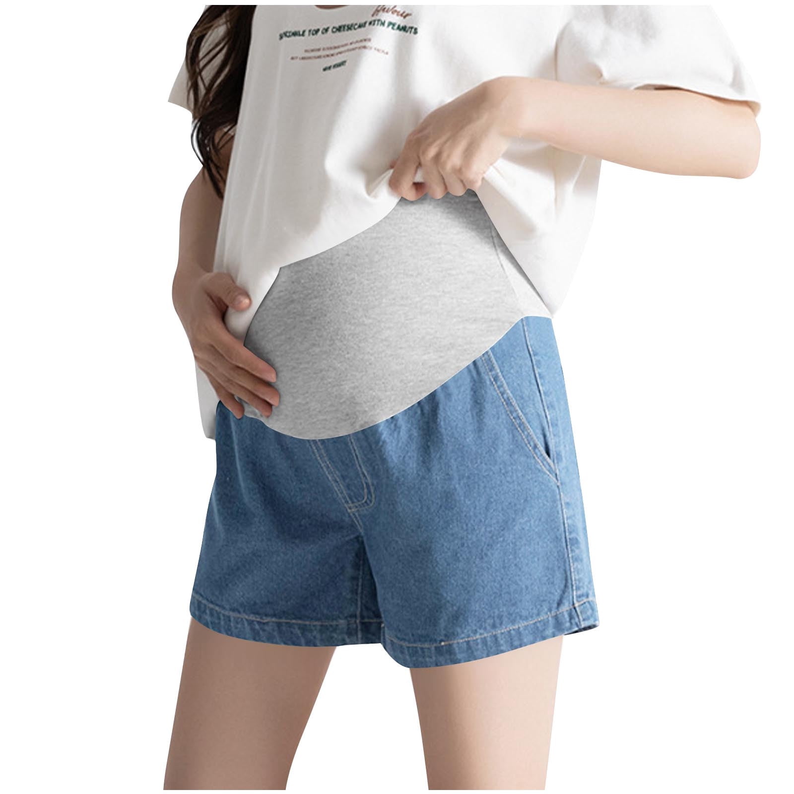 Annhoo Women's Maternity Denim Shorts Full Over Belly Straight Leg Wash ...