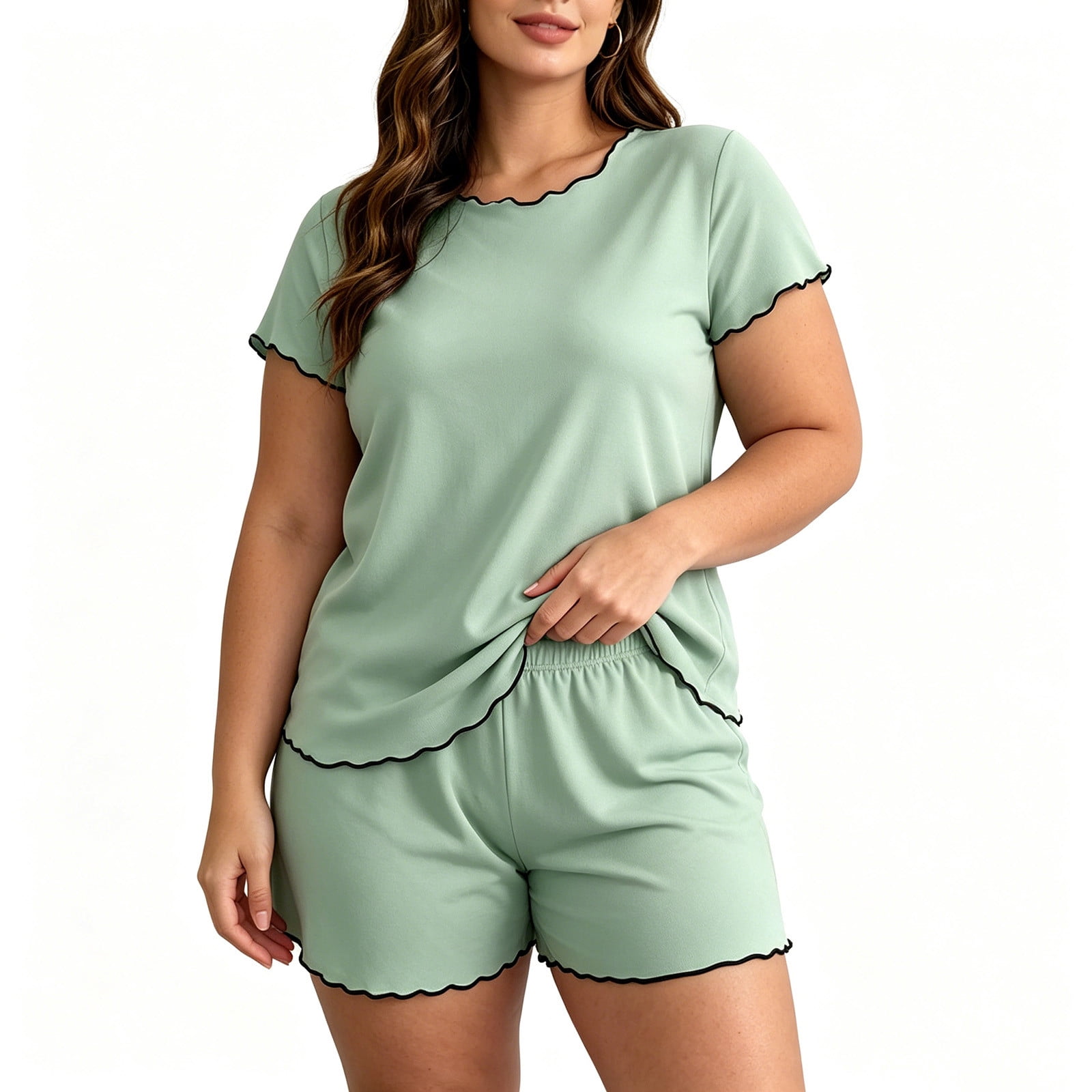 Annhoo Women's Plus Size Pajama Set Short Sleeve Trim Casual Loose ...