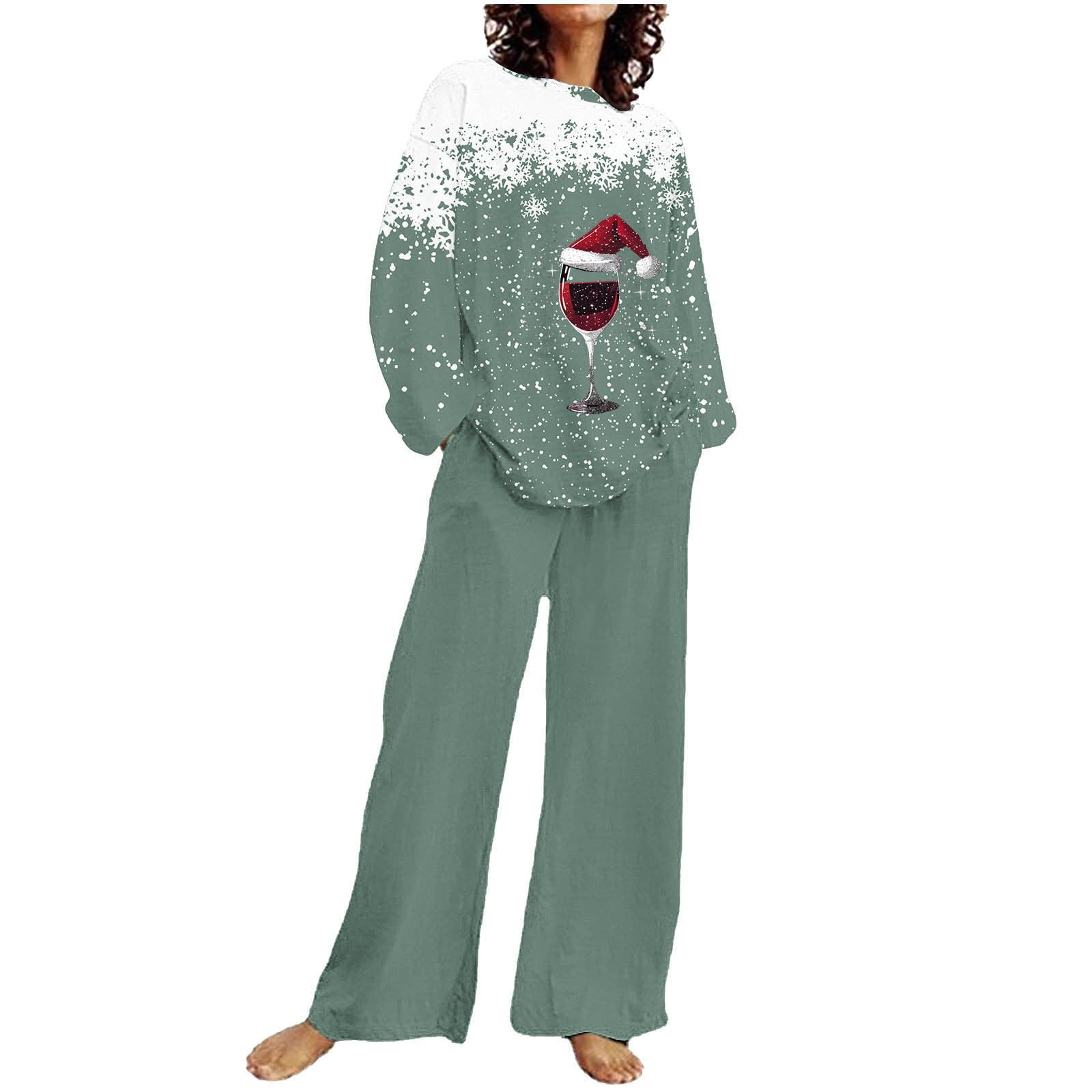 Annhoo Women's Sets Christmas Plus Size Wine Glass Printed Outfits 2 ...