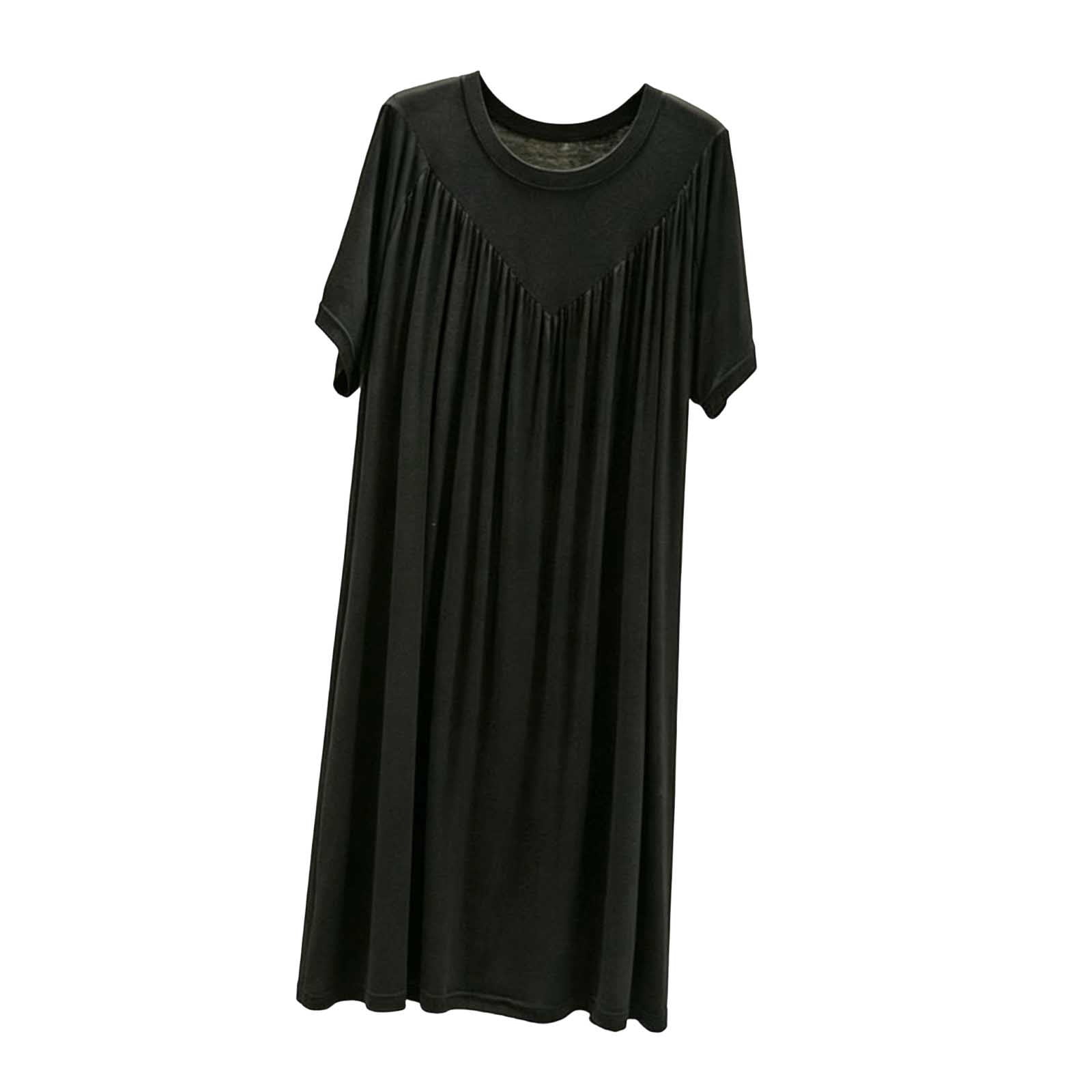 Annhoo Women's Short Sleeve Nightgown Round Neck Front Pleated Midi Cut ...