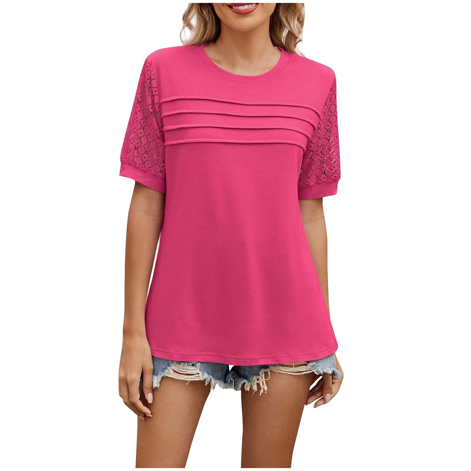 Annhoo Women's Short Sleeve Shirts Summer Cute Patchwork Lace Short ...