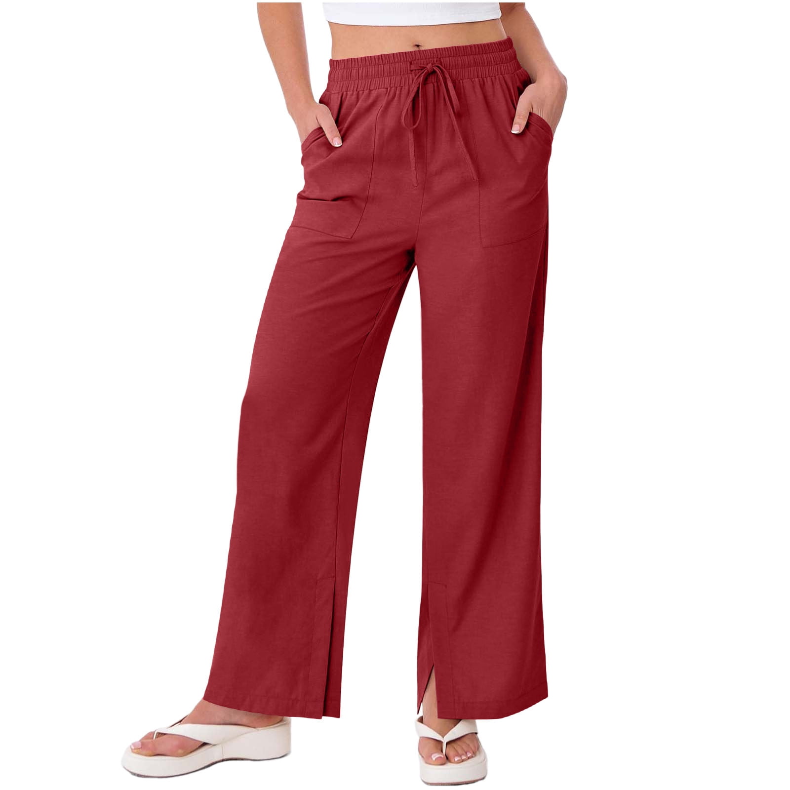 Annhoo Women's Spring Pants Cotton Linen Long Wide Leg Solid Color ...