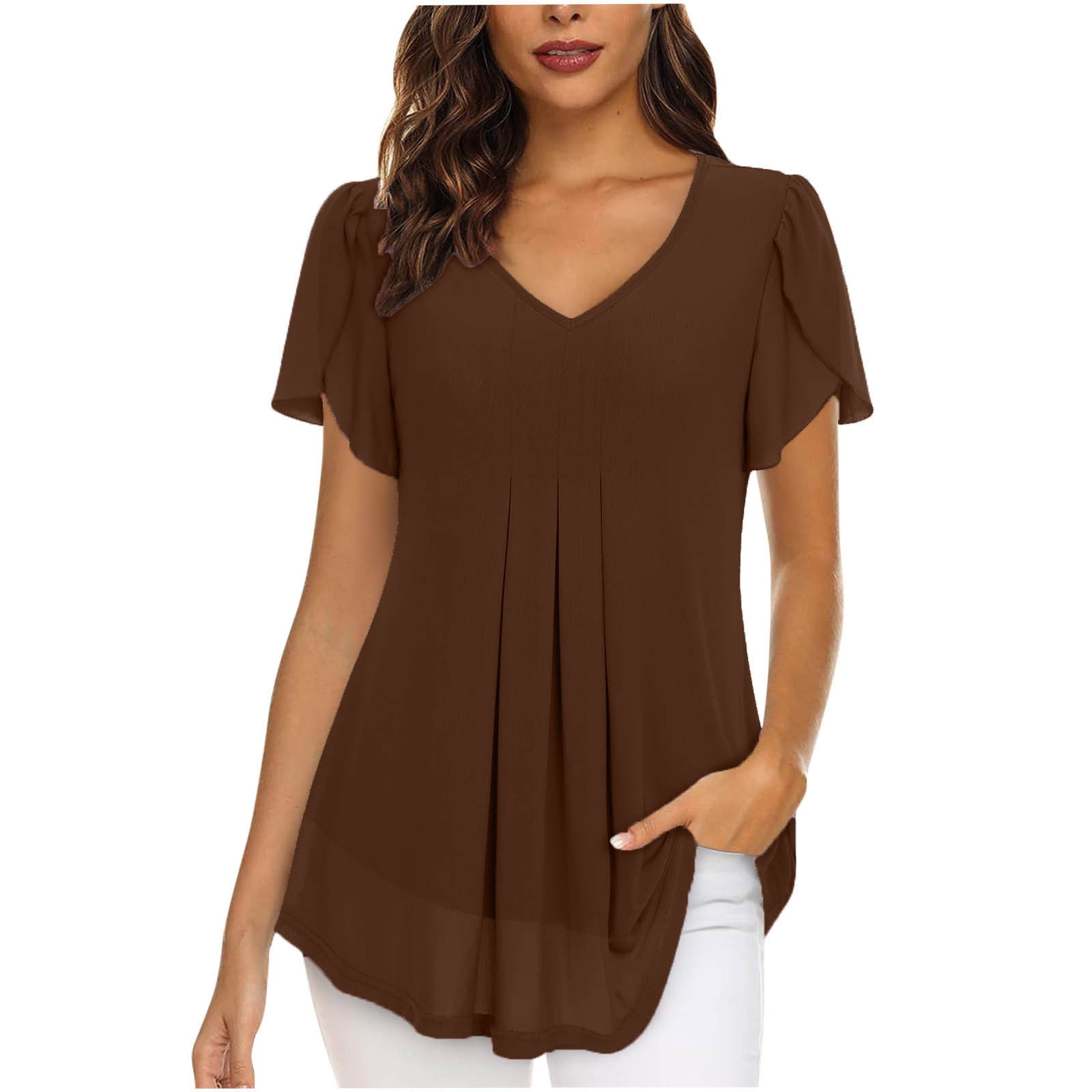 Annhoo Women's Summer Chiffon Tops Casual Pleated Petal Short Sleeve V ...