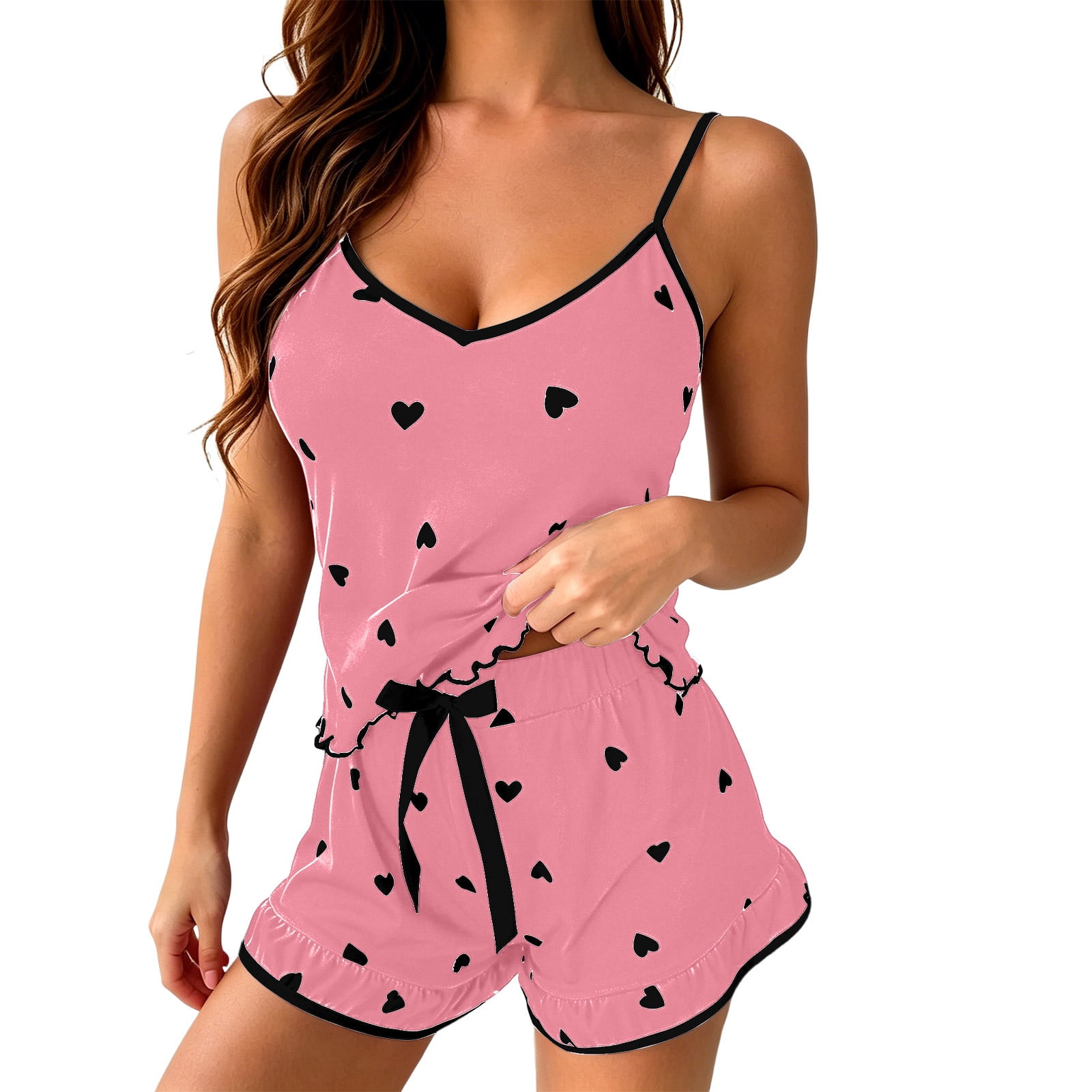 Annhoo Women's Summer Pajama Set Heart-Print Cami Top and Ruffle Shorts ...