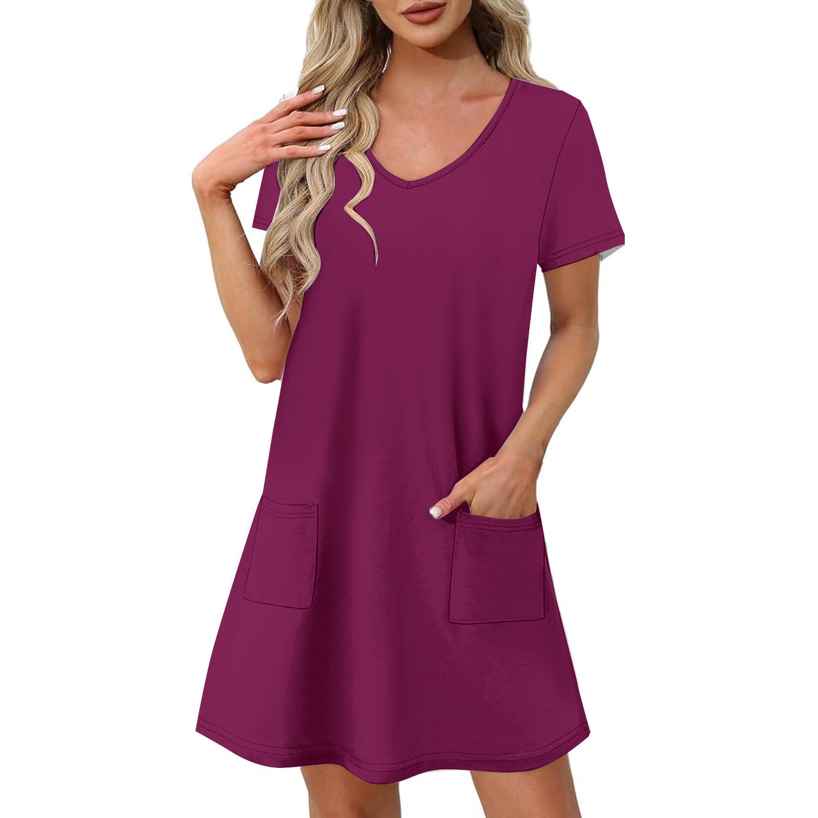 Annhoo Women's Summer Sundresses Short Sleeve V Neck Solid Color Casual ...