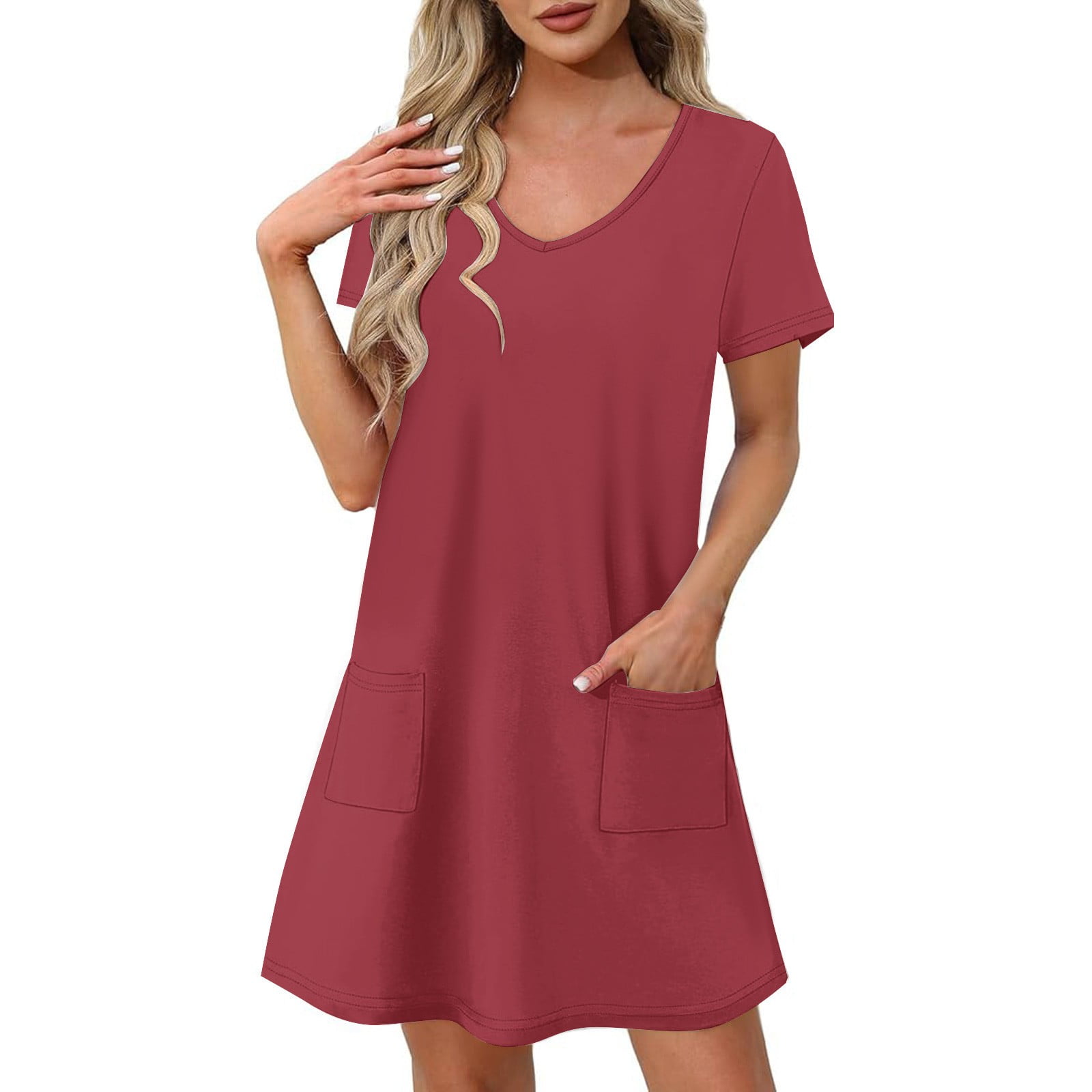 Annhoo Women's Summer Sundresses Short Sleeve V Neck Solid Color Casual ...