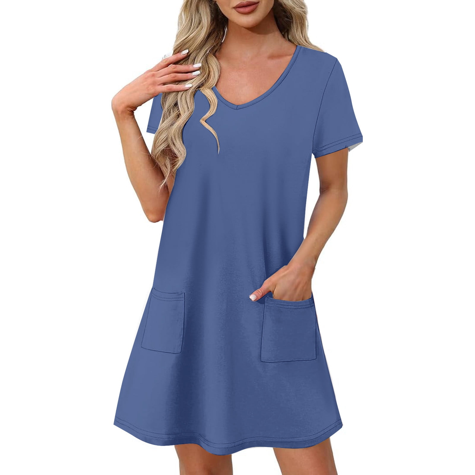 Annhoo Women's Summer Sundresses Short Sleeve V Neck Solid Color Casual ...