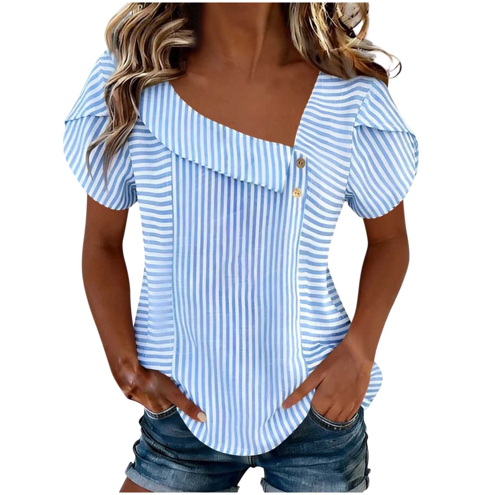 Annhoo Women's Summer Tops Irregular Neck Puff-Sleeves Color Block ...