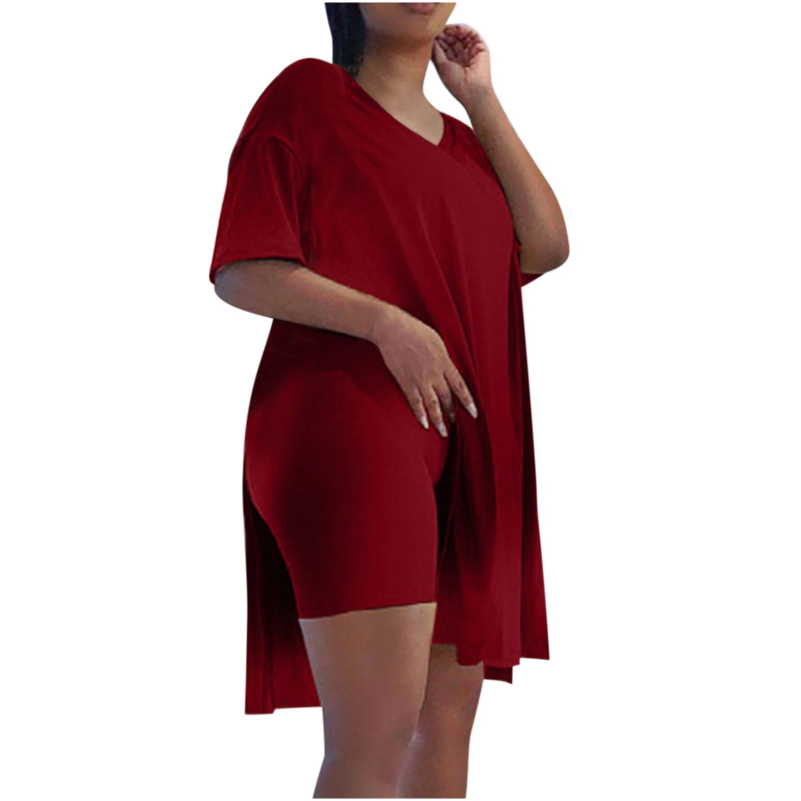 Annhoo Women's Workout 2 Piece Outfits Short Sleeve V Neck Side Split ...