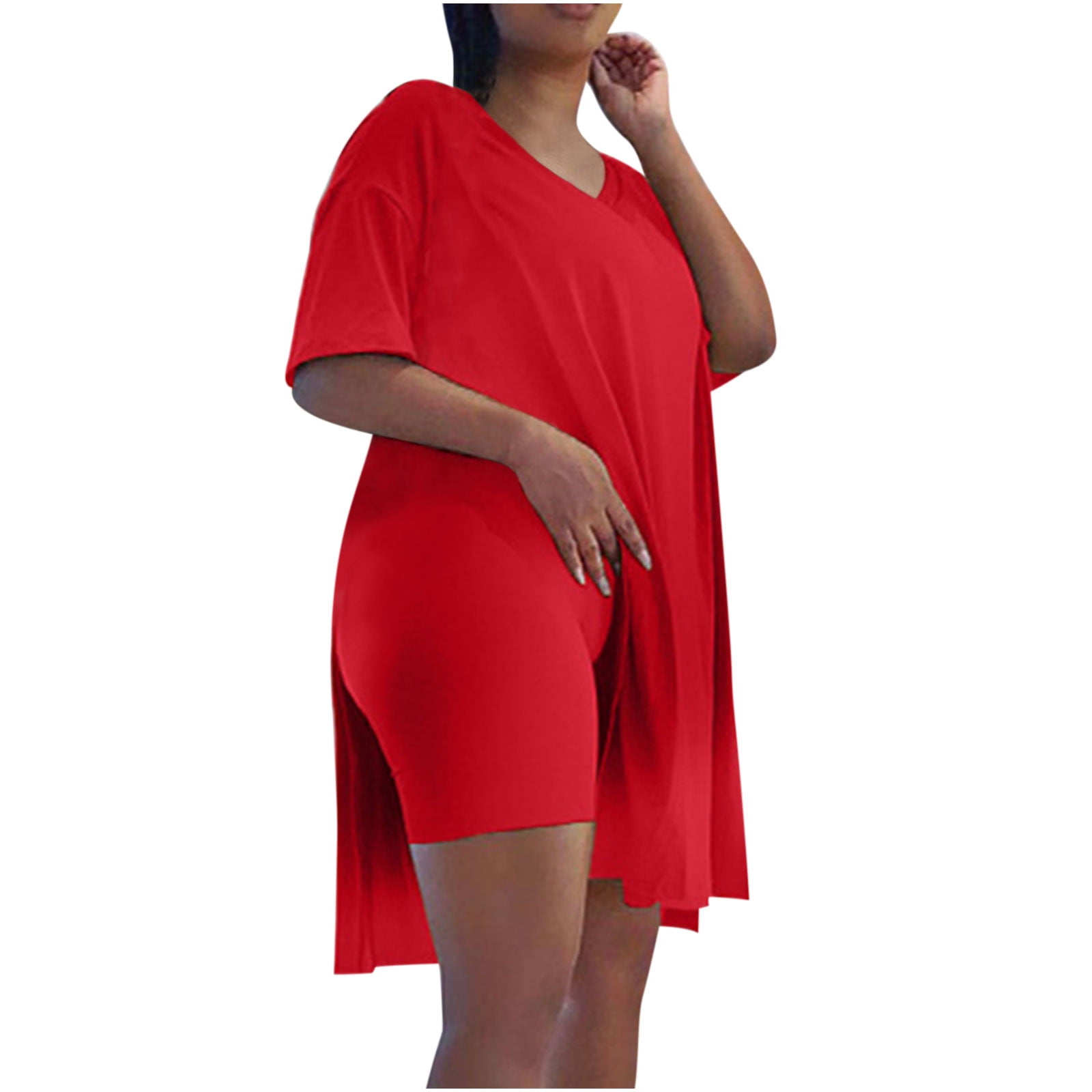 Annhoo Women's Workout 2 Piece Outfits Short Sleeve V Neck Side Split ...