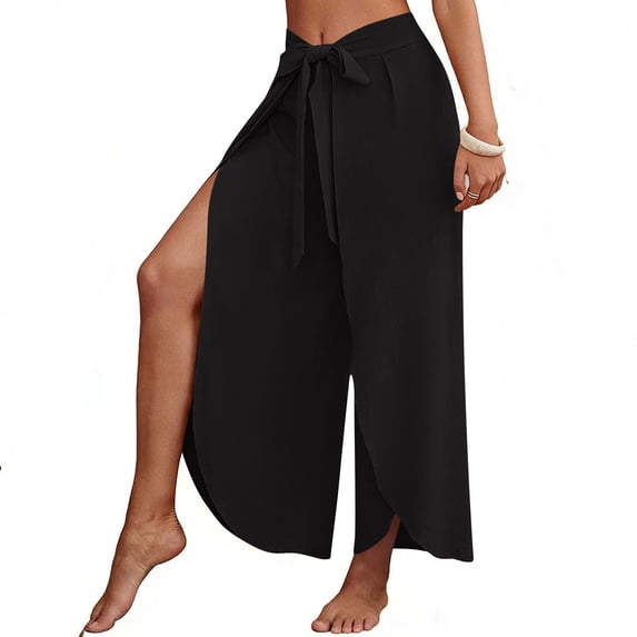 Annhoo Women's Wrap Split Beach Pants Front Tie Knot High Waist ...