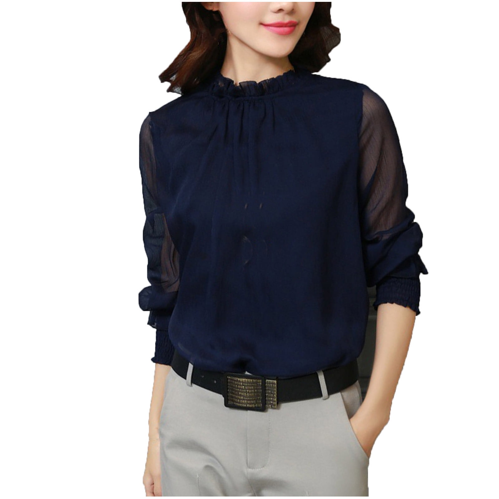 Annhoo Womens Chiffon Shirts Business Casual Mock Neck Pleated Tops ...