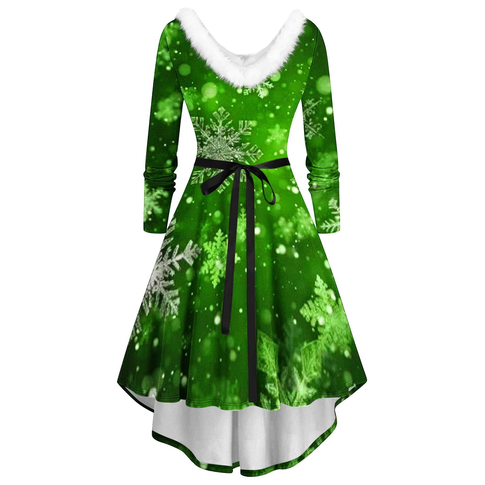 Annhoo Womens Christmas Dress Long Sleeve Fuzzy V Neck Belted Dress ...