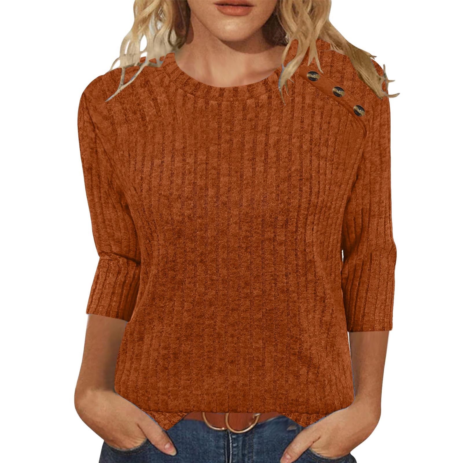 Annhoo Womens Knit Sweater Button Decoration Solid Color Striped ...