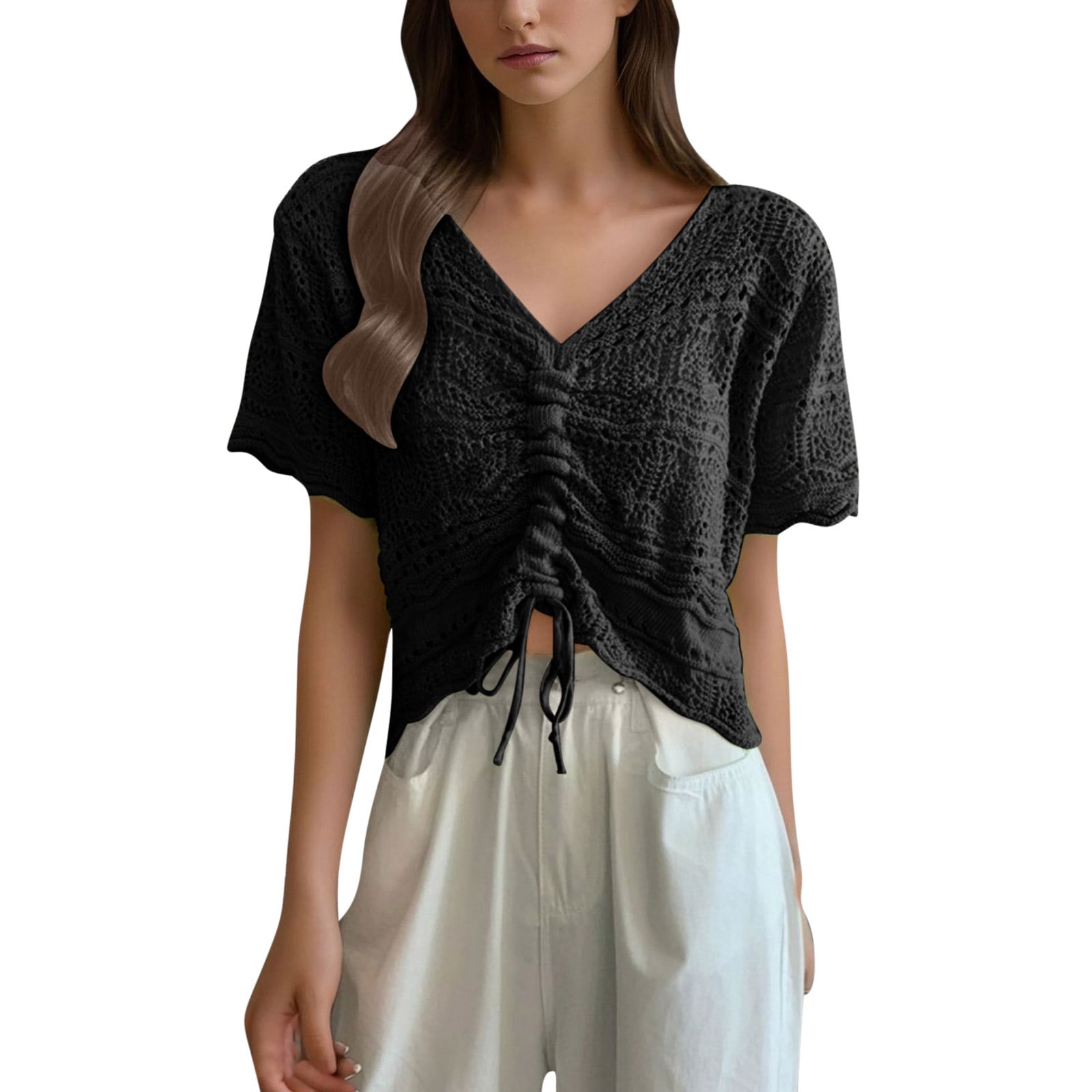 Annhoo Womens Knitted Hollow out Shirts Summer V Neck Drawstring Cover ...