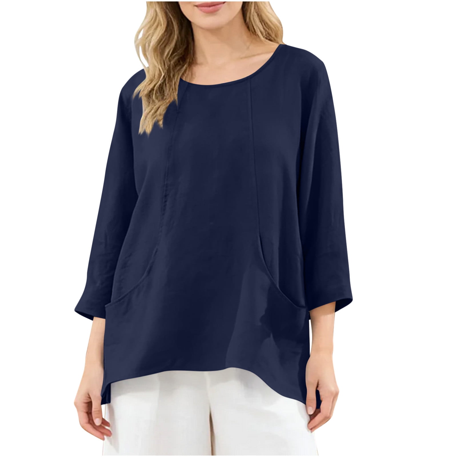 Annhoo Womens Linen 3/4 Sleeve Shirts Crewneck Solid Color Tops with ...