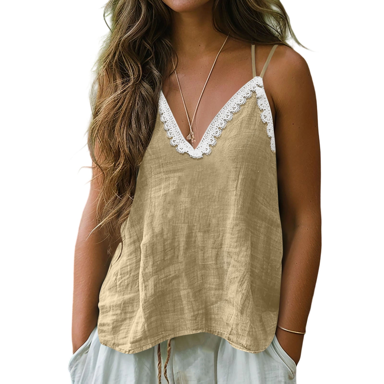 Annhoo Womens Linen Cami Tops V Neck Lace Trim Spaghetti Strap ...