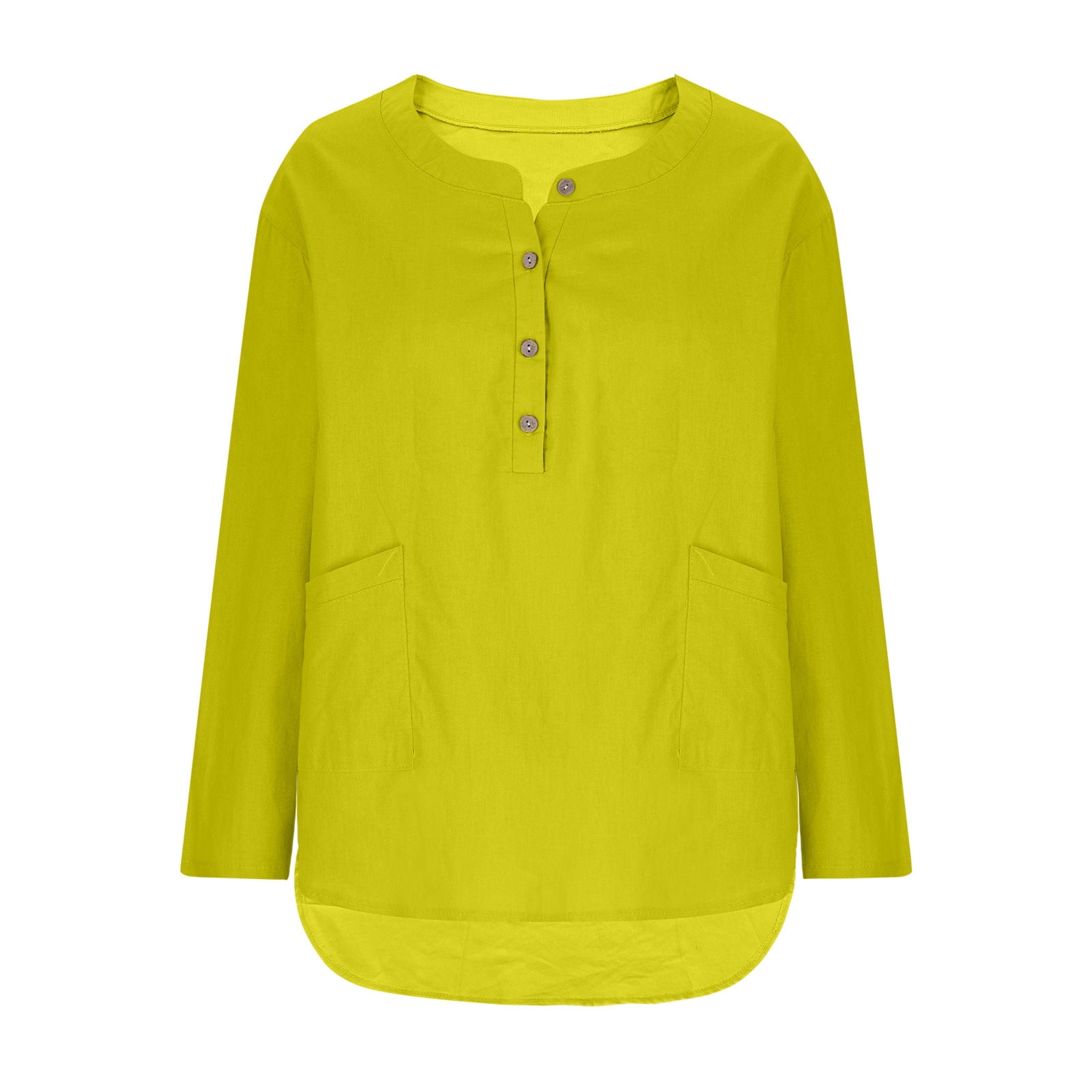 Annhoo Womens Long Sleeve Tops Linen Button V Neck Solid Color Pullover ...