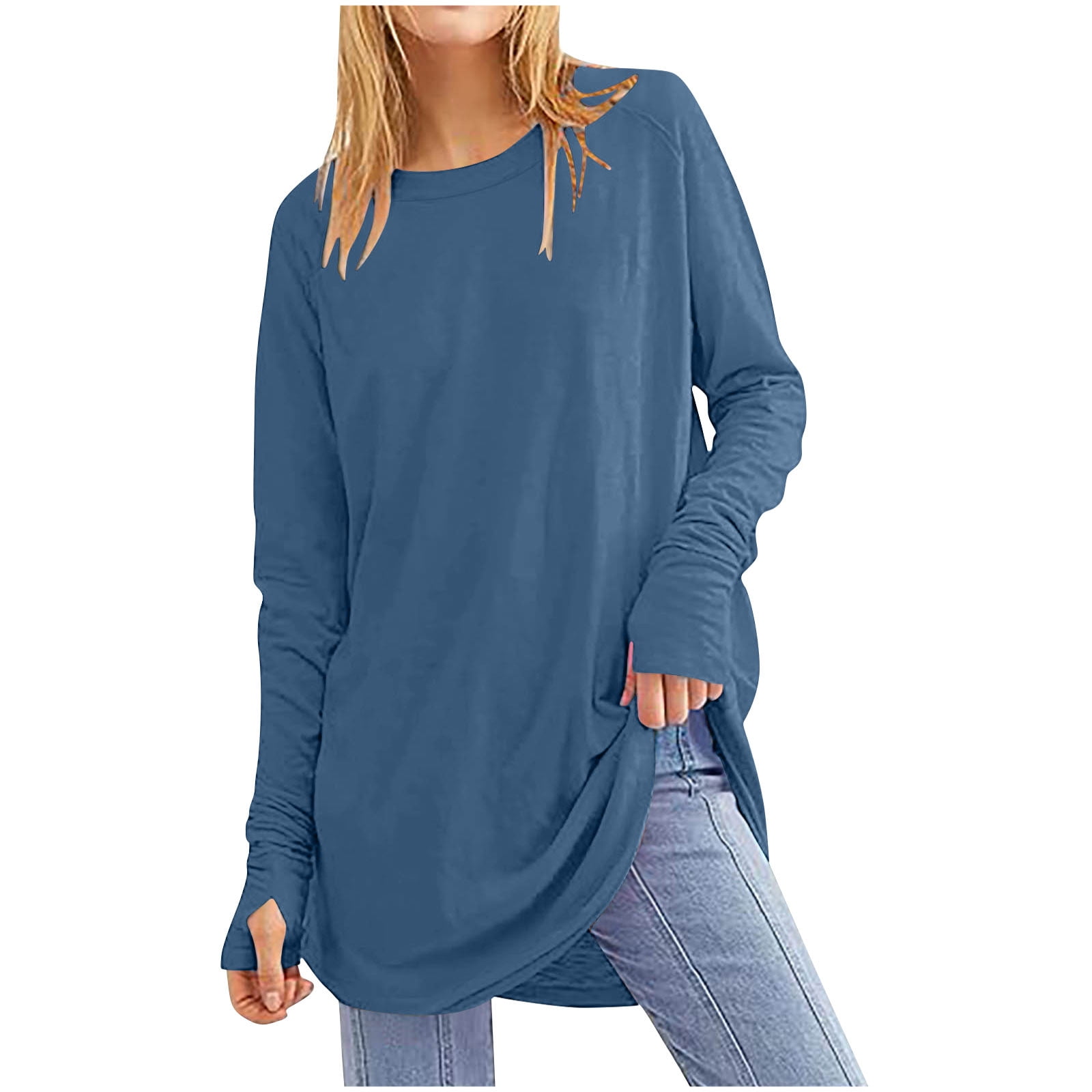Annhoo Womens Long Sleeve Tops Plus Size Round Neck Thumbhole Shirts ...