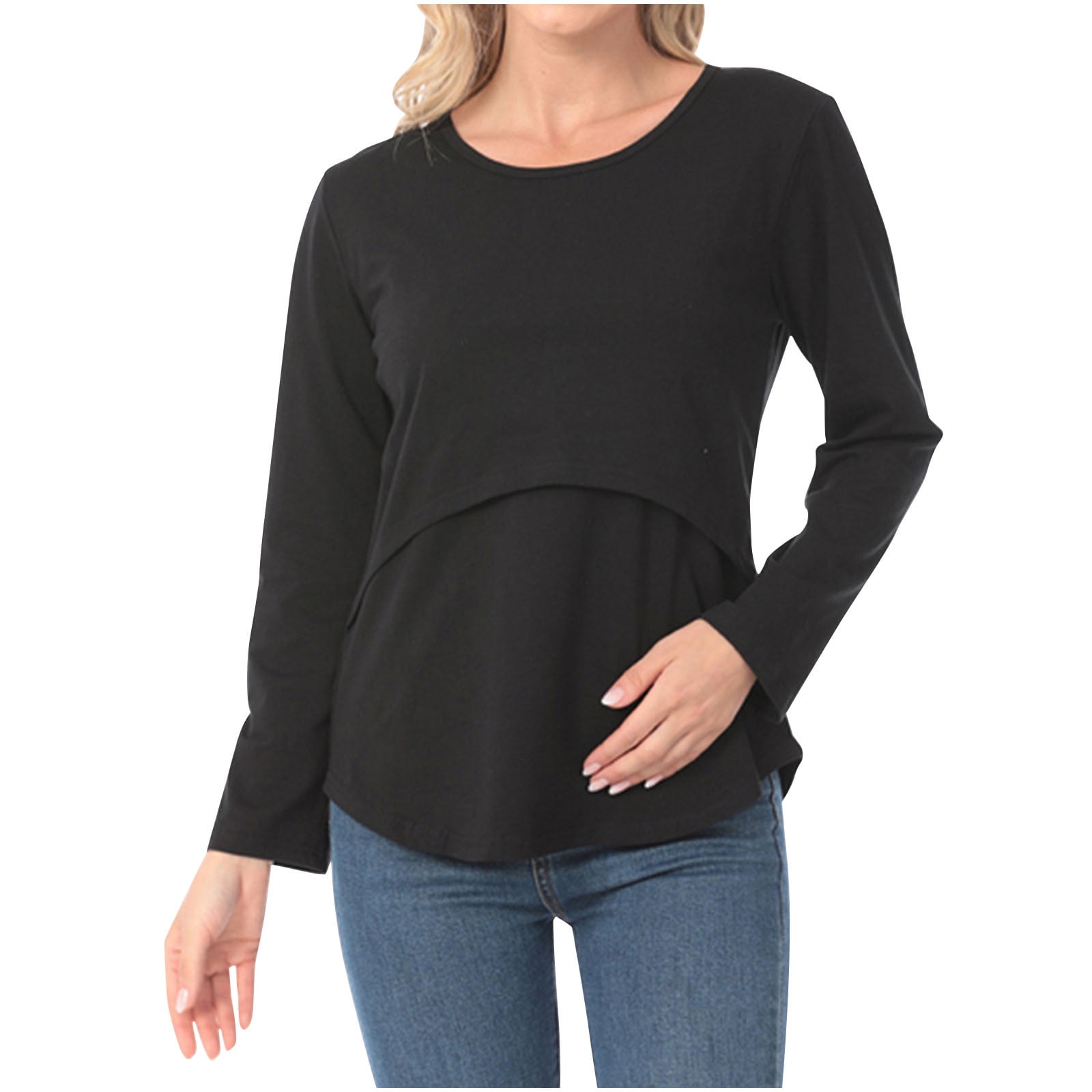 Annhoo Womens Maternity Tops Layered Long Sleeve Crew Neck ...