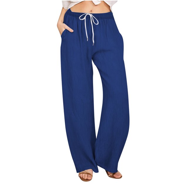 Annhoo Womens Pants Casual High Waisted Drawstring Textured Straight ...