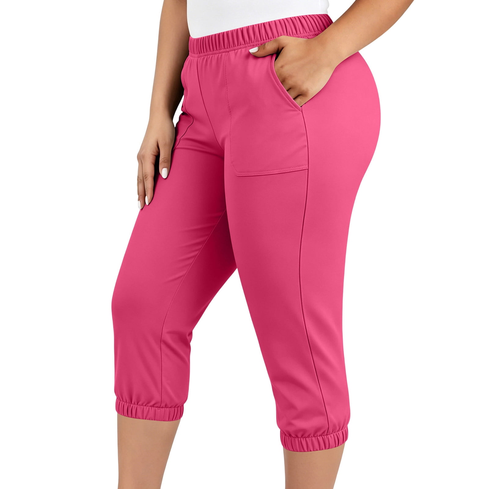 Annhoo Womens Plus Size Capris Elastic Waist Pocket Slim Lightweight ...
