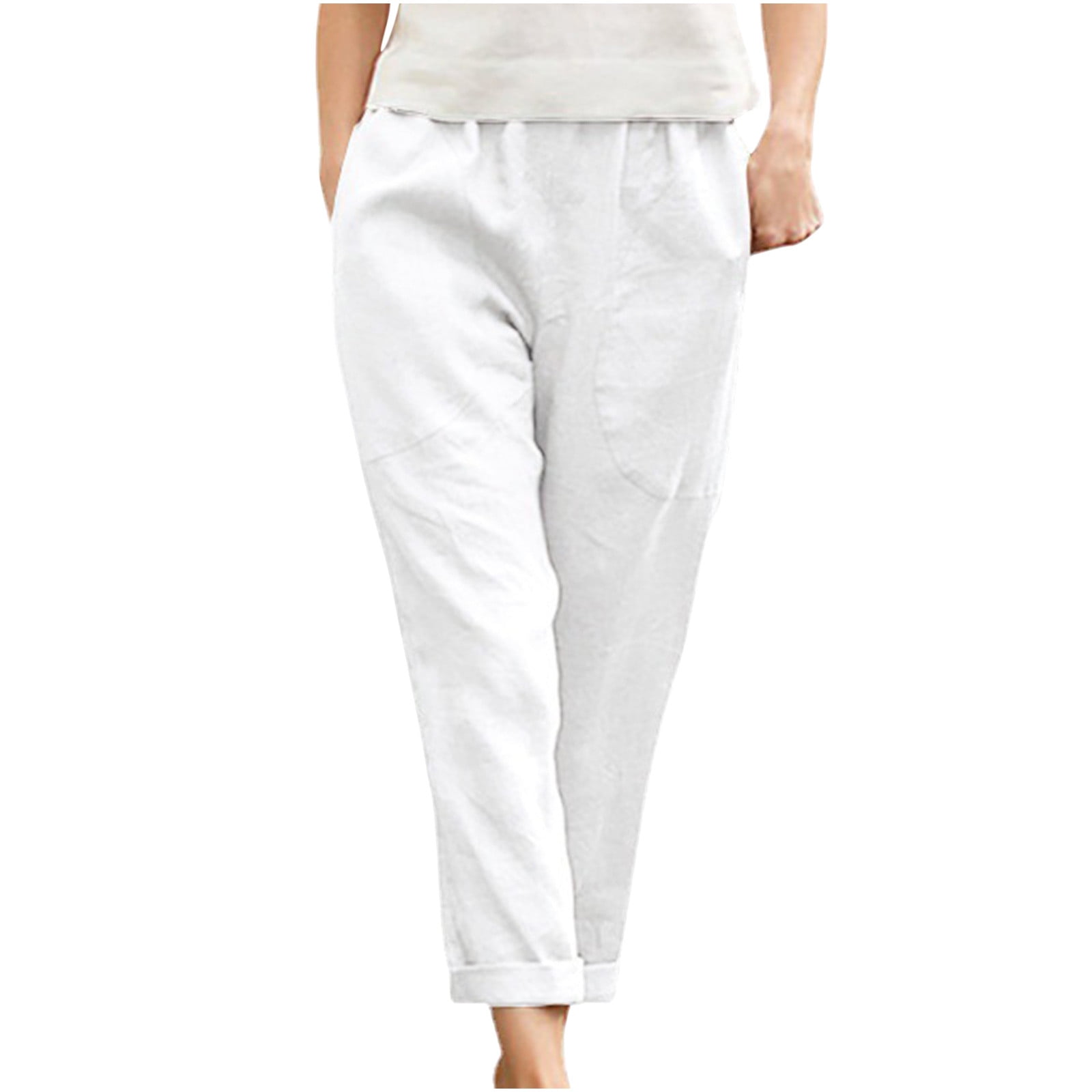 Annhoo Womens Plus Size Cotton Linen Pants Casual Elastic Waist Tapered ...
