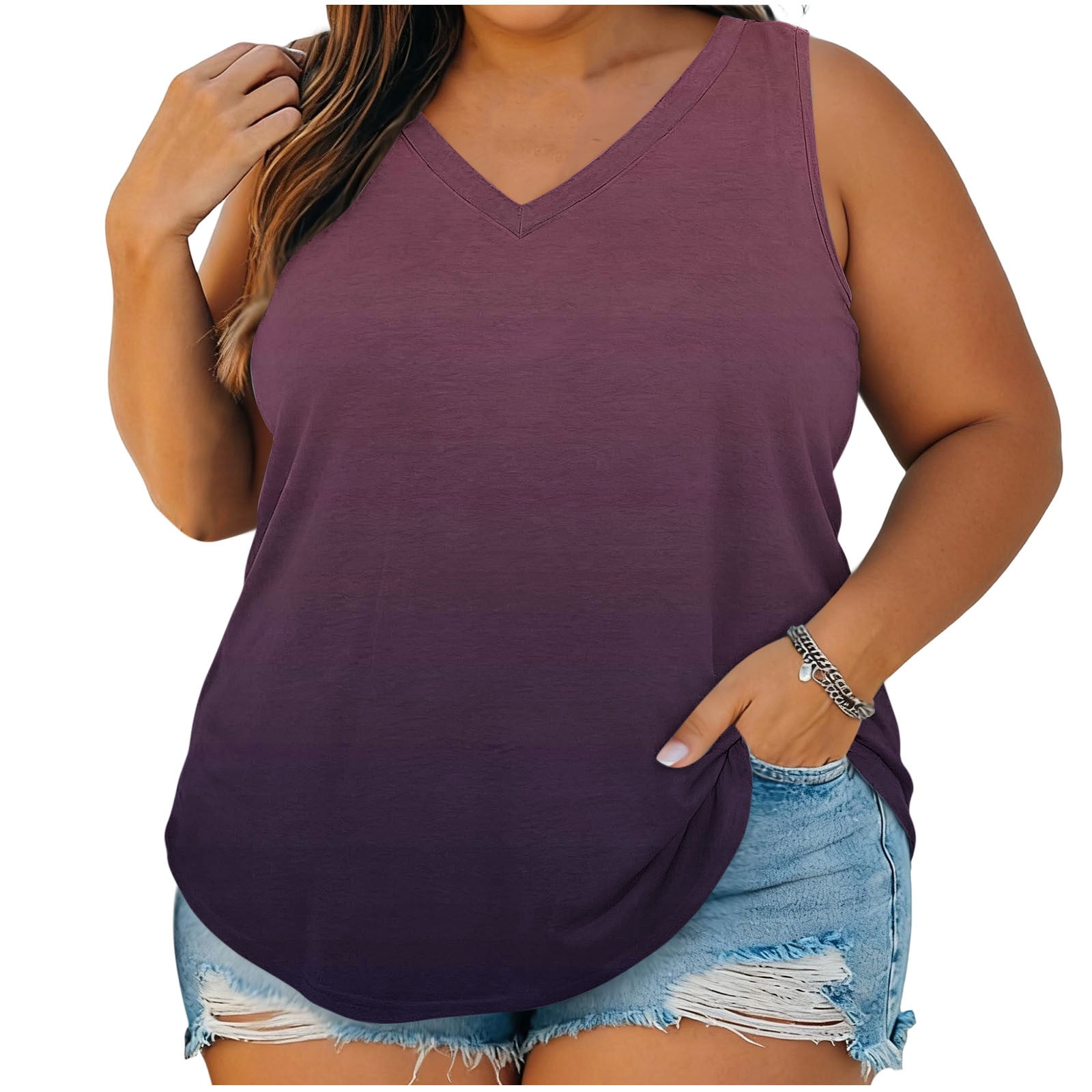 Annhoo Womens Plus Size Tank Tops V Neck Gradient Color Sleeveless ...
