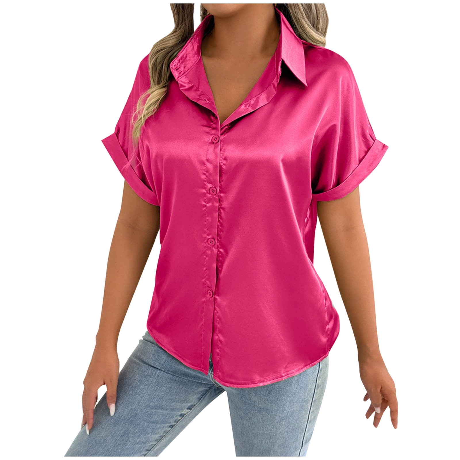 Annhoo Womens Satin Silk Shirts Button down V Neck Rolled Short Sleeve Tops Turndown Collar ...