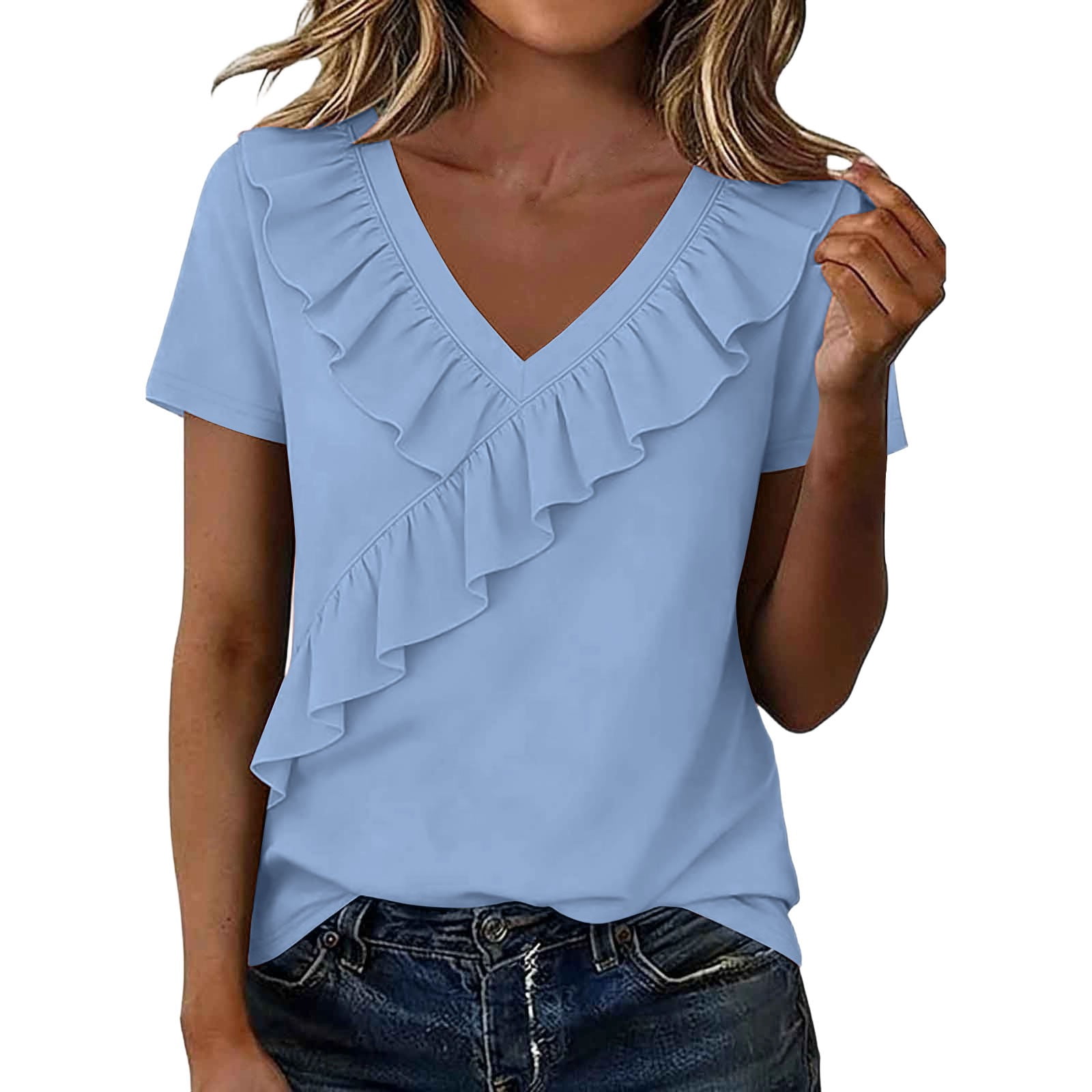 Annhoo Womens Shirts Loose Fitted Fashion V Neck Short Sleeve Clothes ...