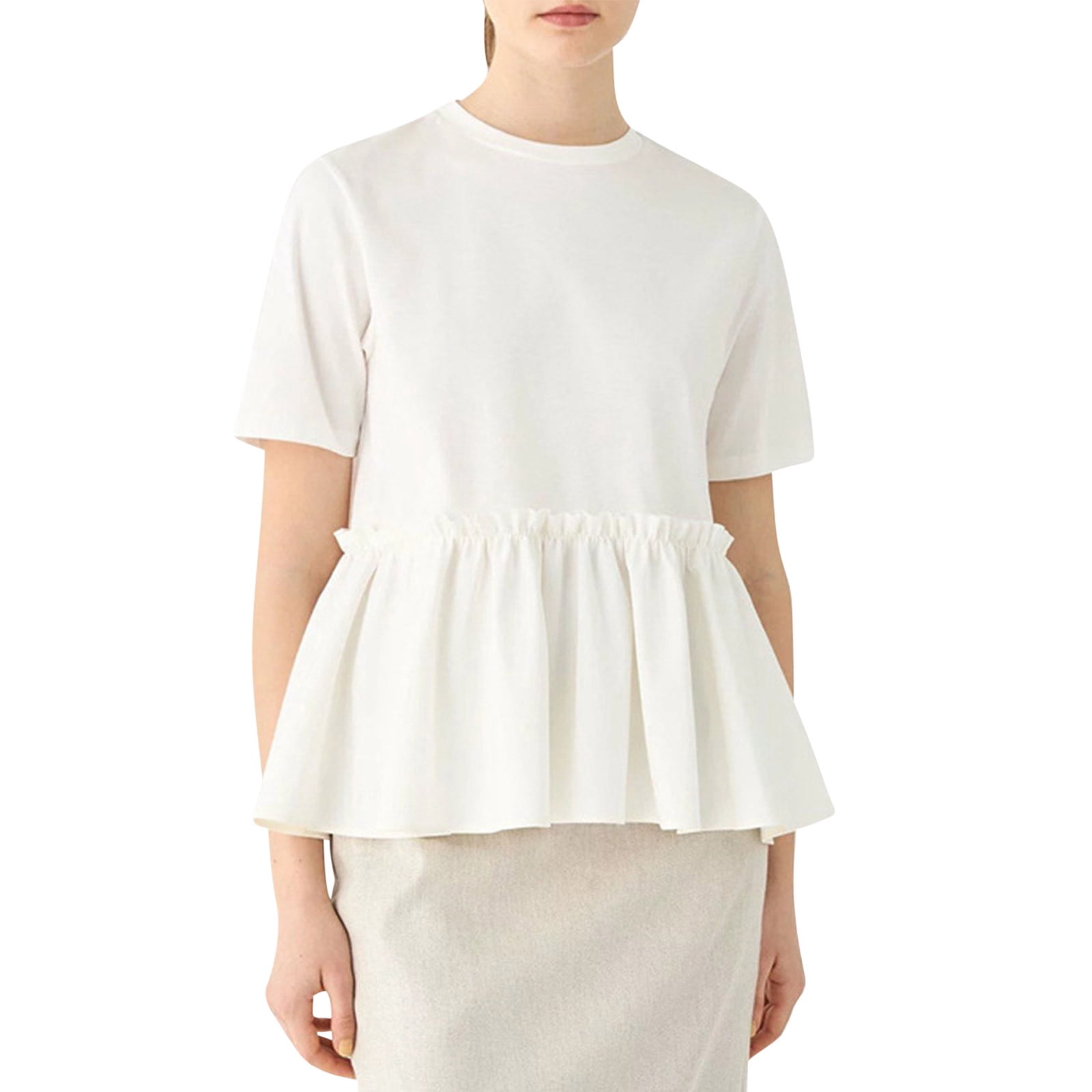 Annhoo Womens Short Sleeve T Shirts Pleated Crew Neck Loose Shirts ...