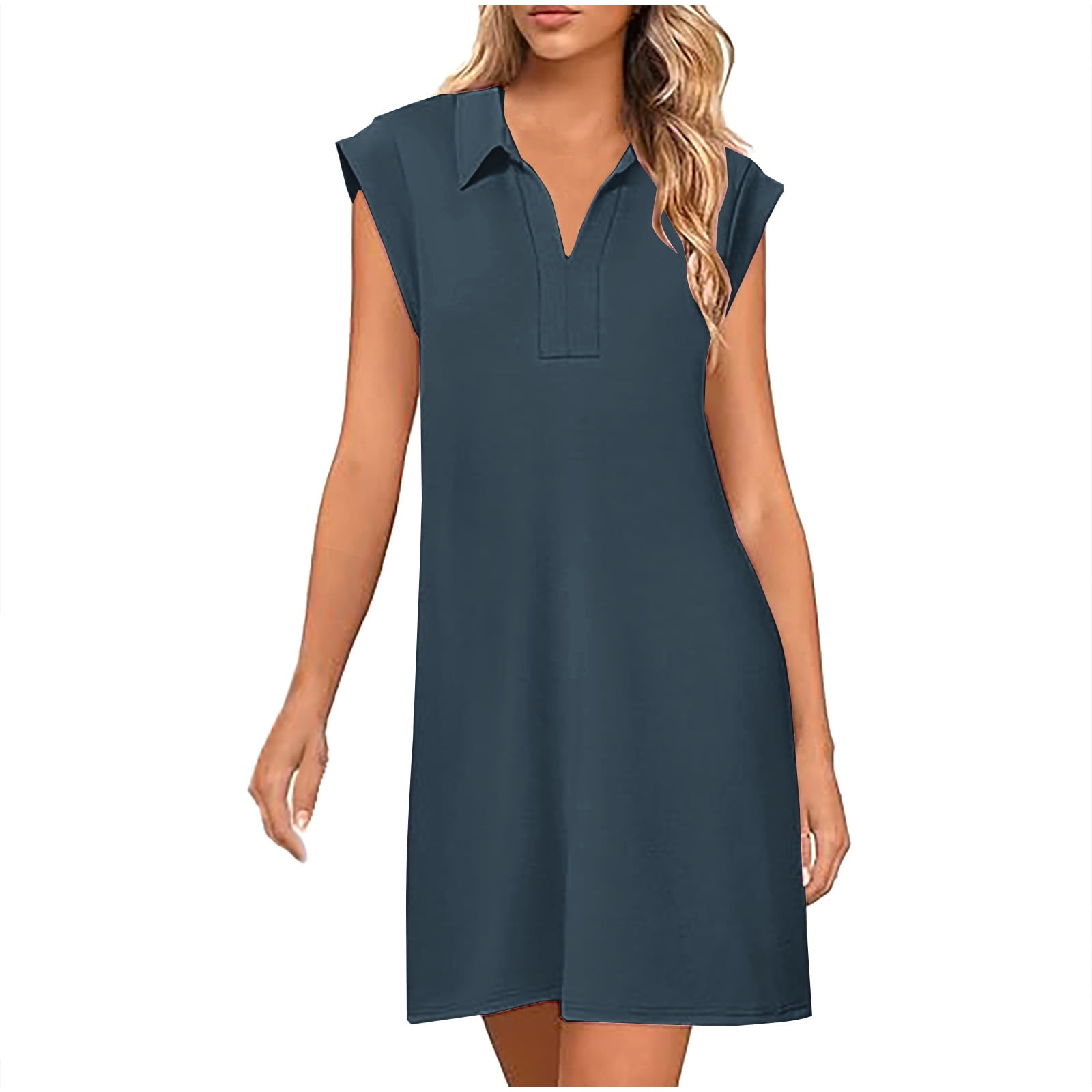 Annhoo Womens Sleeveless Dresses Collared V Neck A-Line Casual Beach ...