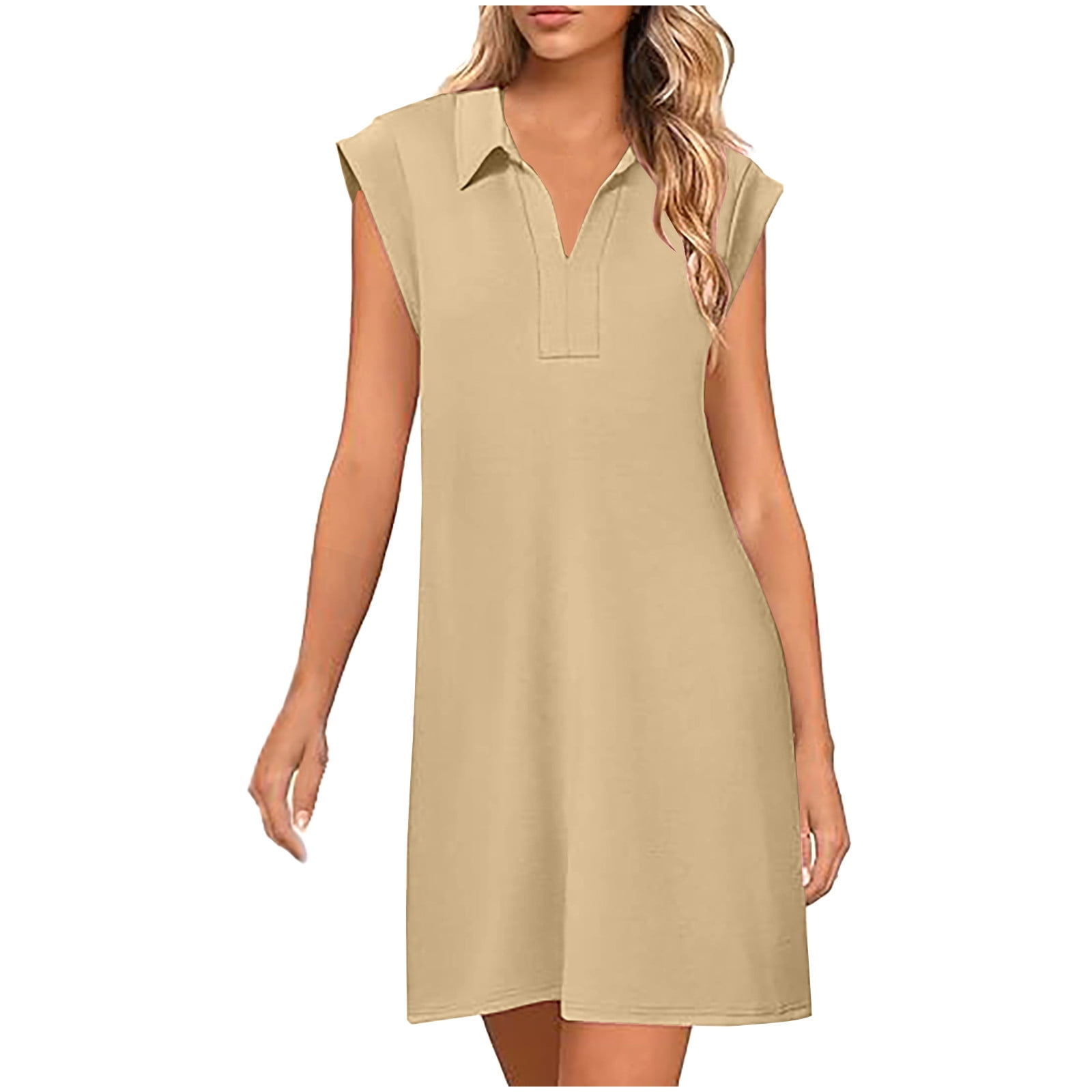 Annhoo Womens Sleeveless Dresses Collared V Neck A-Line Casual Beach ...