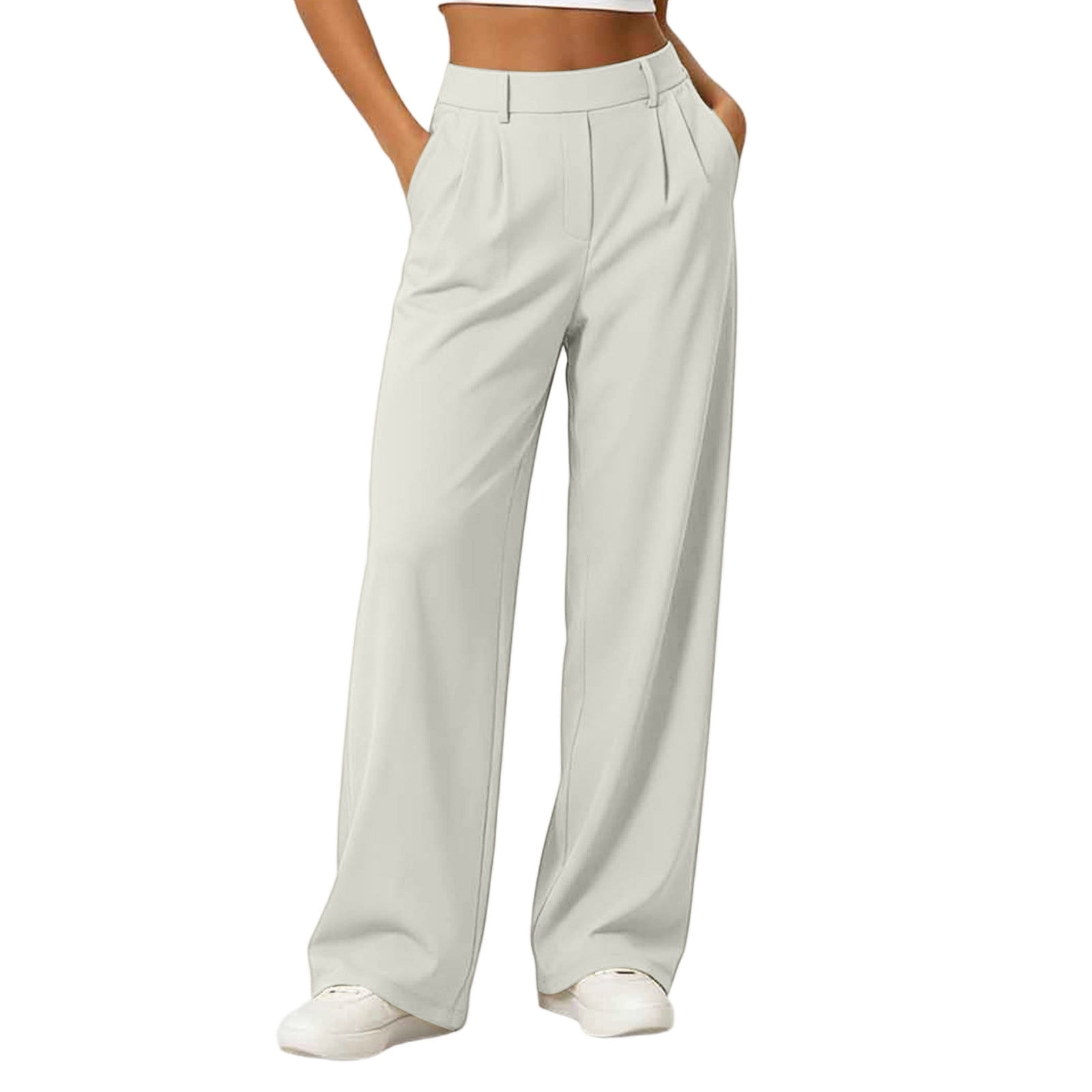 Annhoo Womens Stretch Wide Leg Pants Solid Color High Waist Side ...