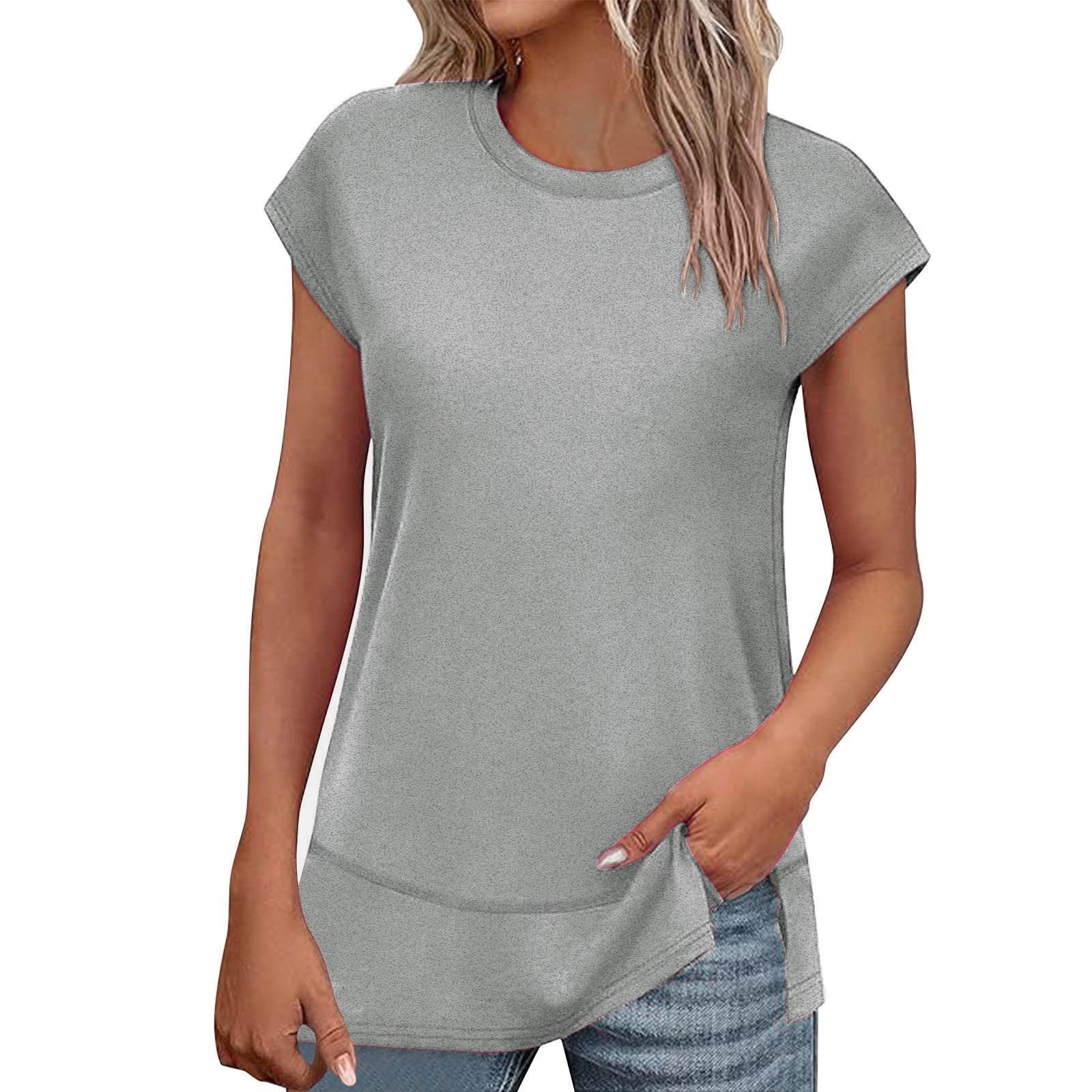 Annhoo Womens Summer Cap Sleeve Tops Crew Neck Side Slit Loose Shirts ...