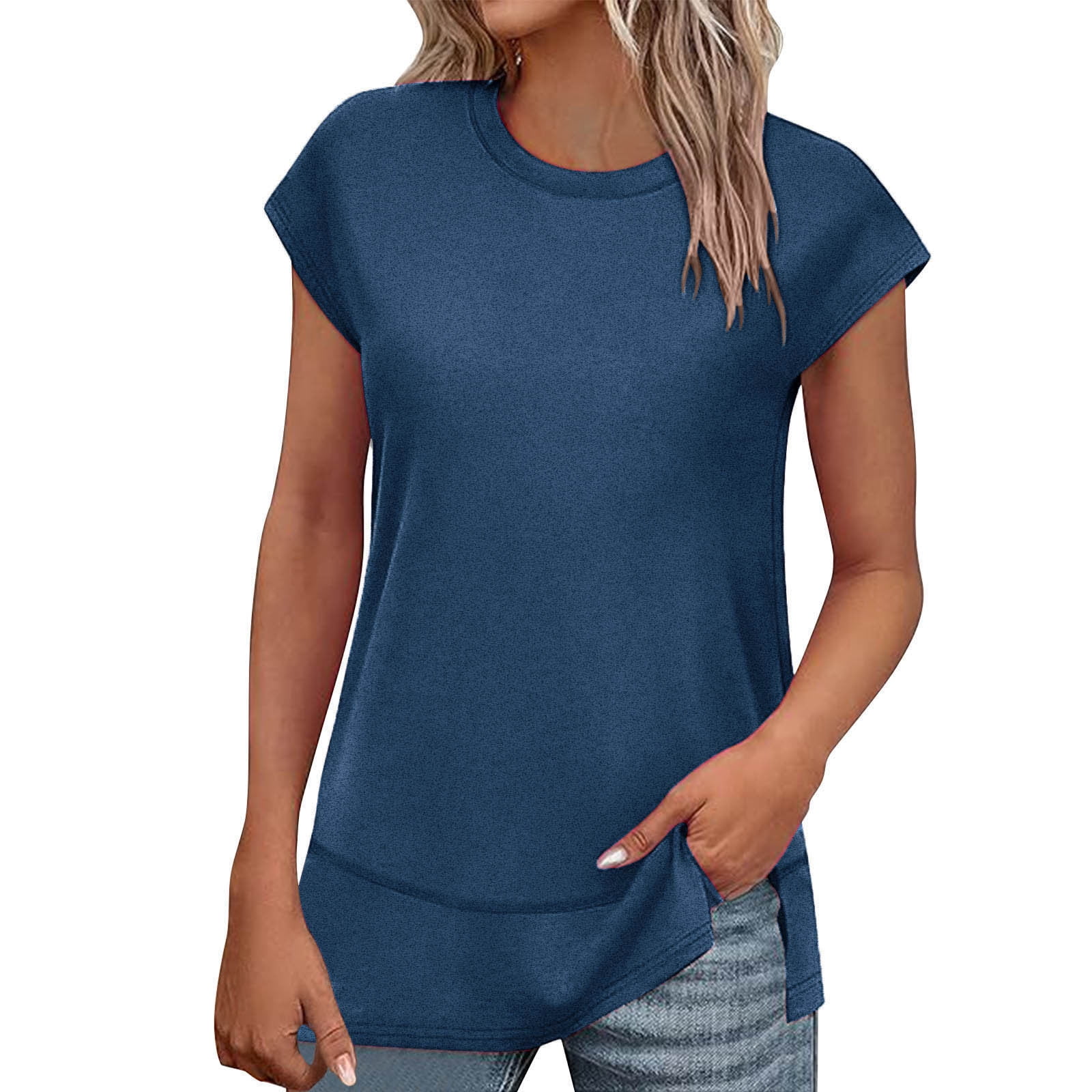 Annhoo Womens Summer Cap Sleeve Tops Crew Neck Side Slit Loose Shirts ...