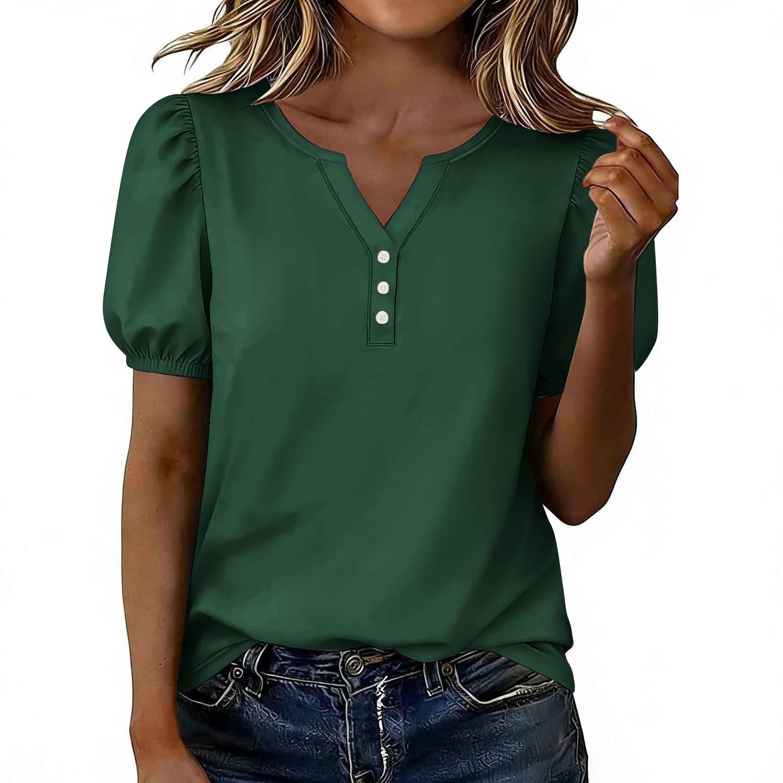 Annhoo Womens Summer Puff-Short-Sleeve Shirts V Neck with Button Solid ...
