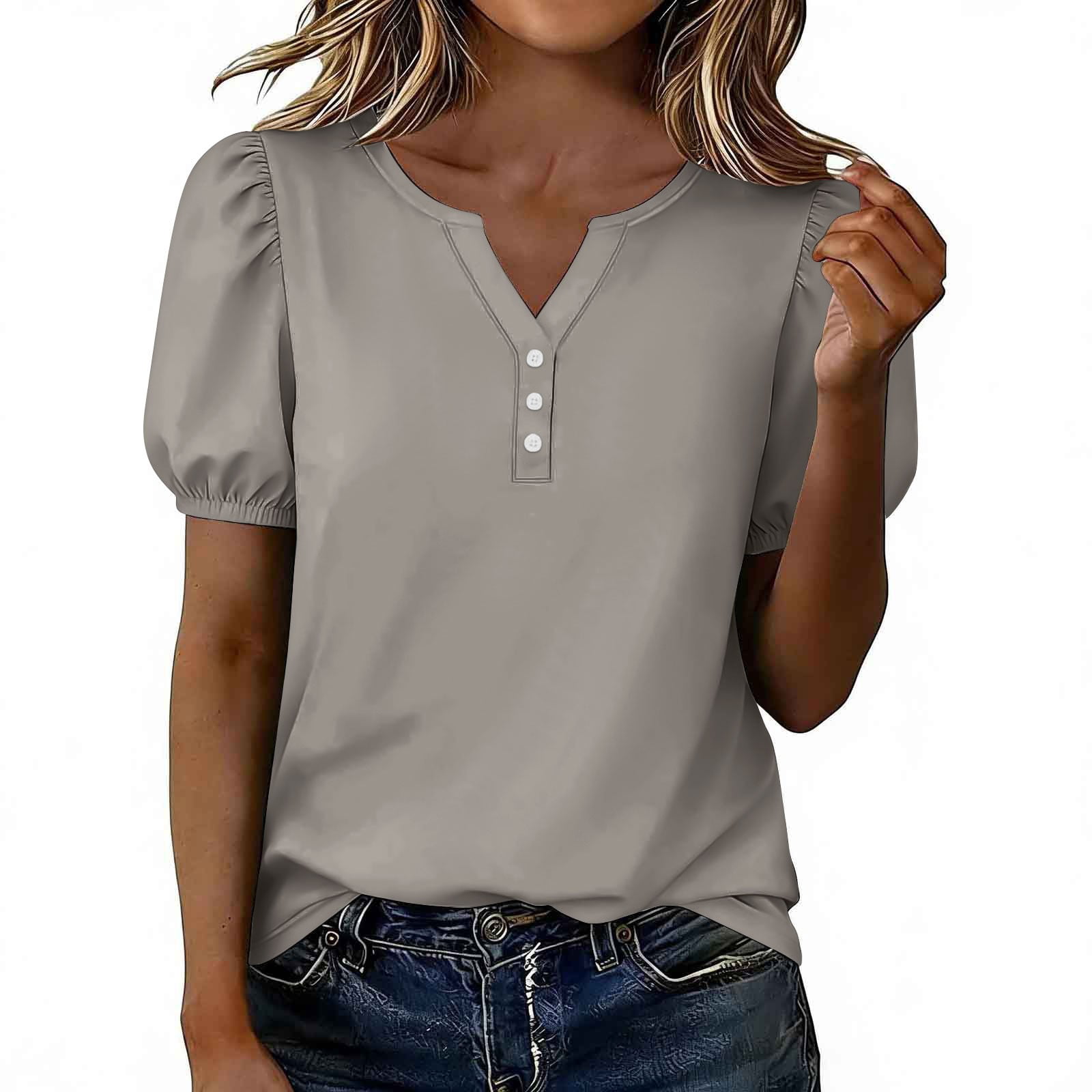 Annhoo Womens Summer Puff-Short-Sleeve Shirts V Neck with Button Solid ...