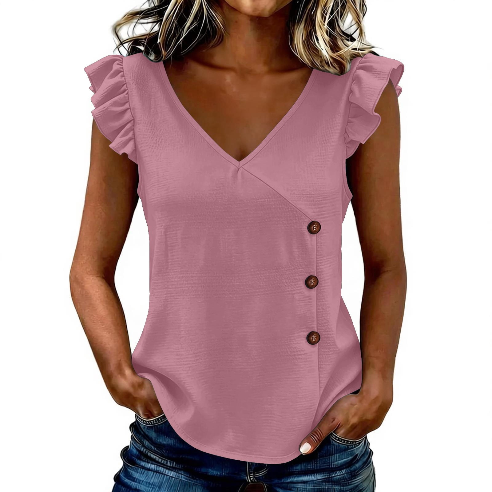 Annhoo Womens Summer Tops Deep V Neck Ruffle Cap Sleeve Side Button ...
