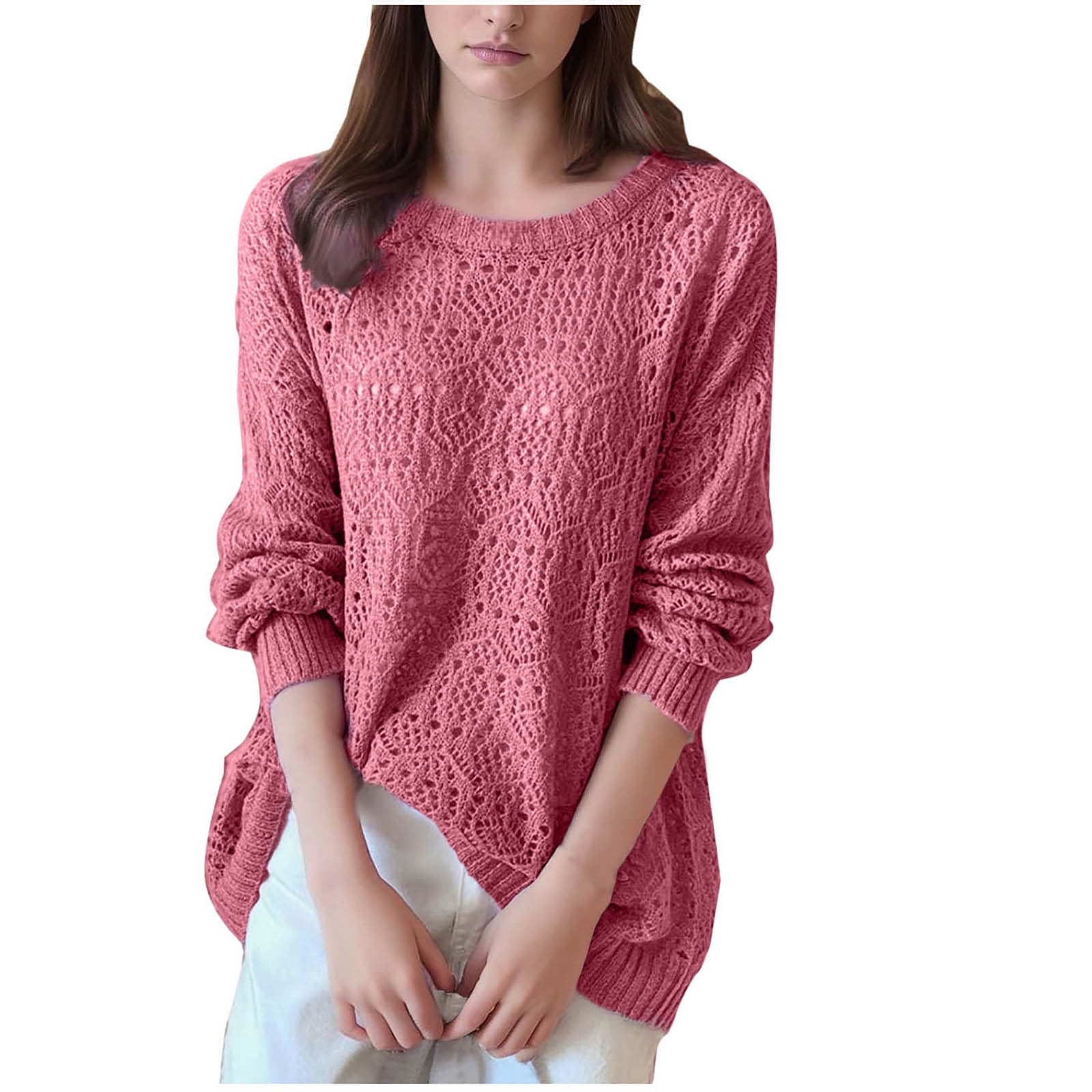 Annhoo Womens Sweaters Long Sleeve Crew Neck Solid Color Knitted Tops ...