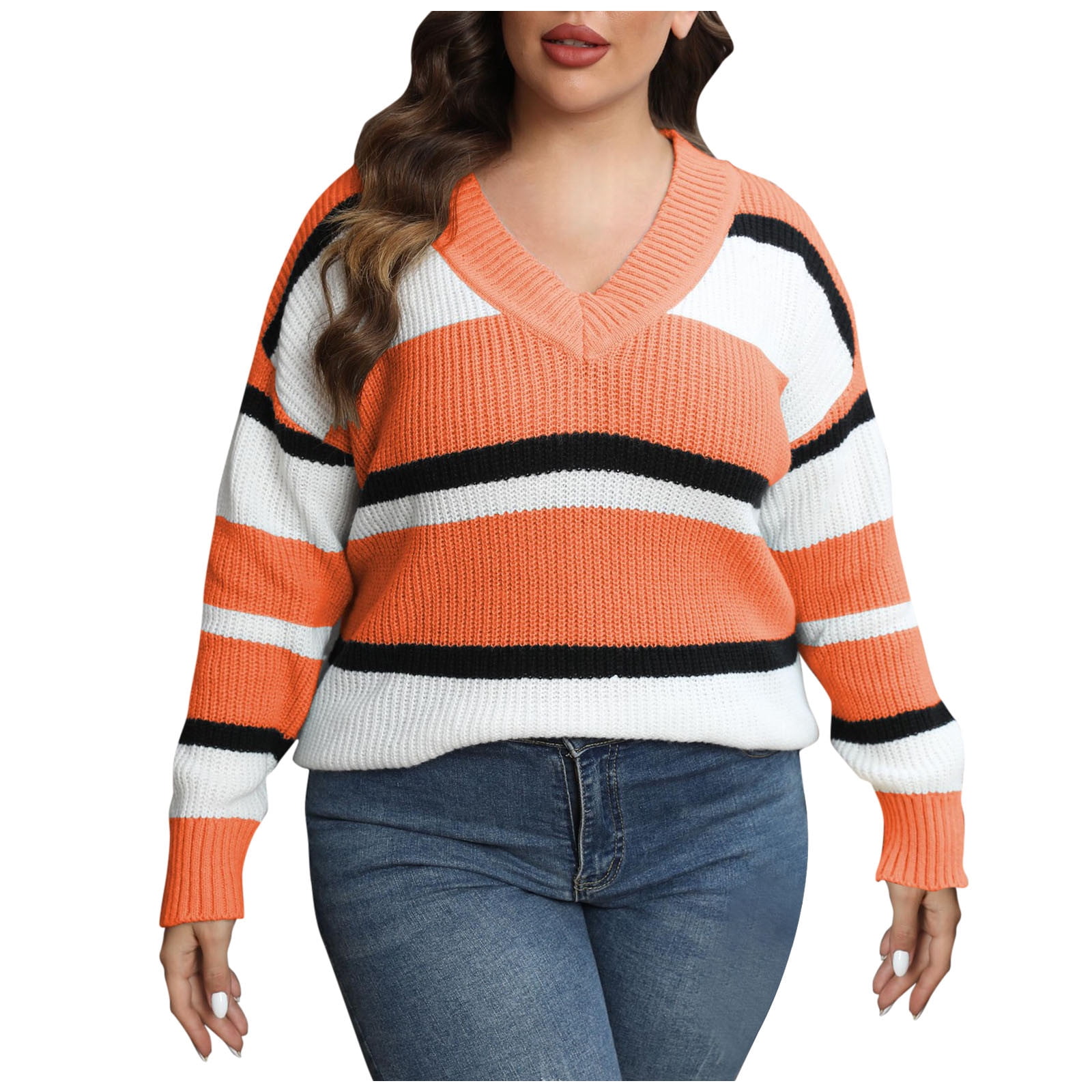 Annhoo Womens Sweaters Trendy Color Block Tops Fall Winter Plus Size ...